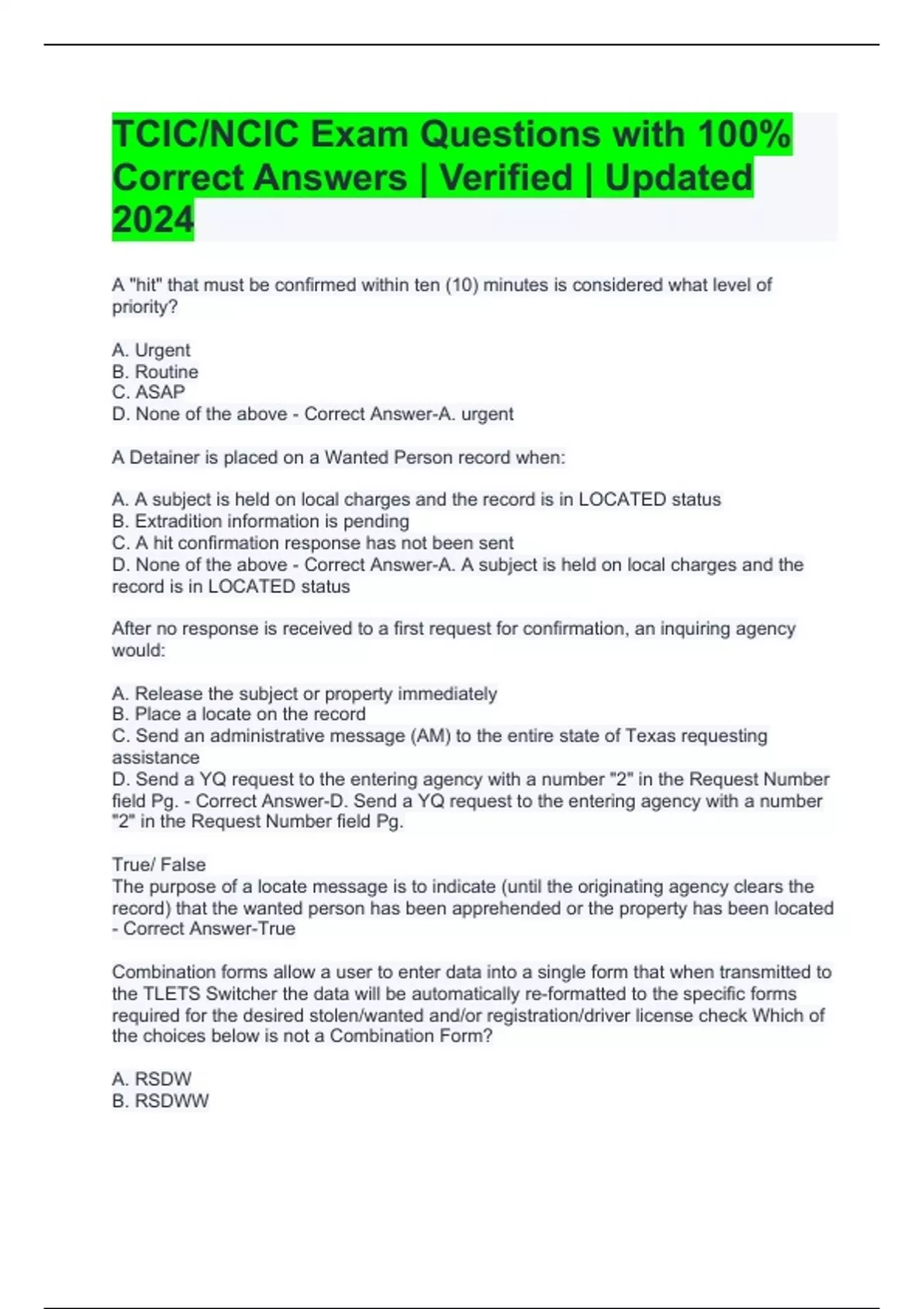 TCIC/NCIC Exam Questions with 100% Correct Answers | Verified | Updated ...