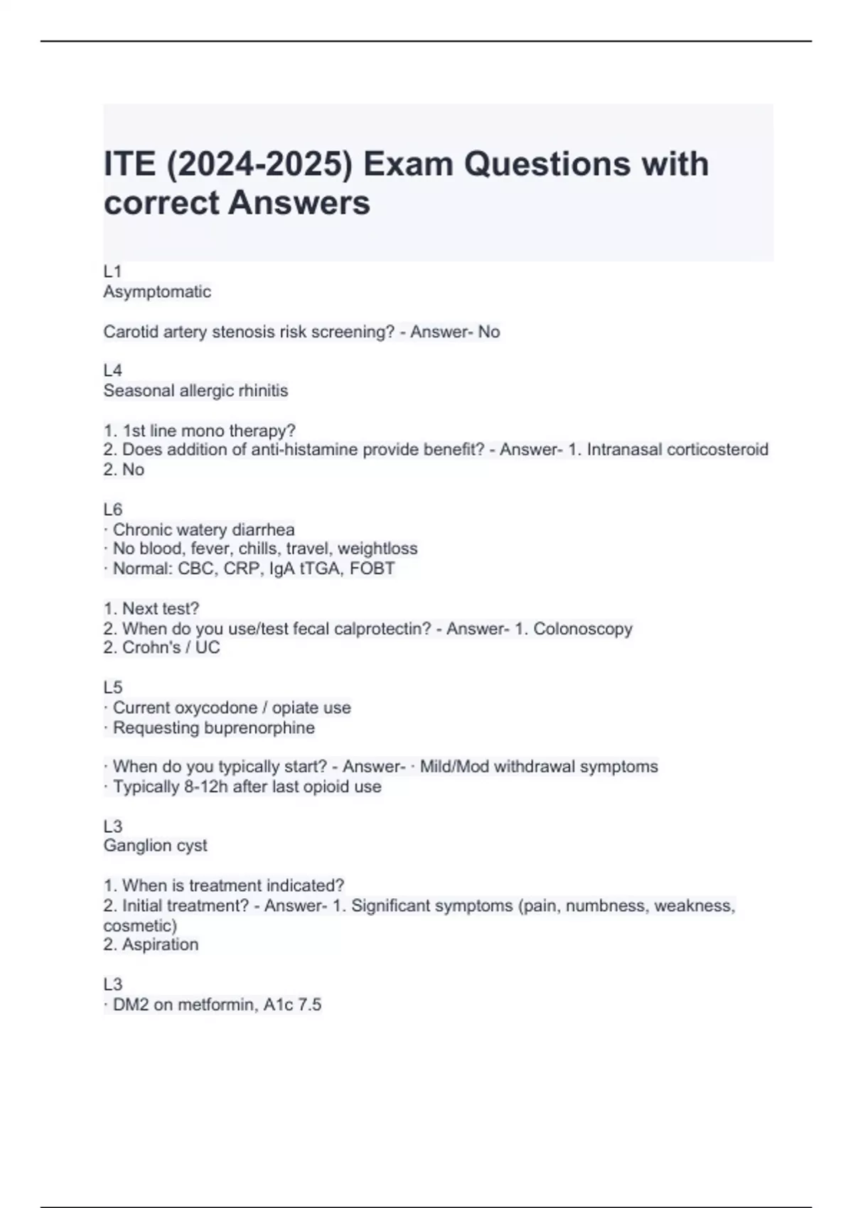 ITE () Exam Questions with correct Answers - ABFM ITE - Stuvia US