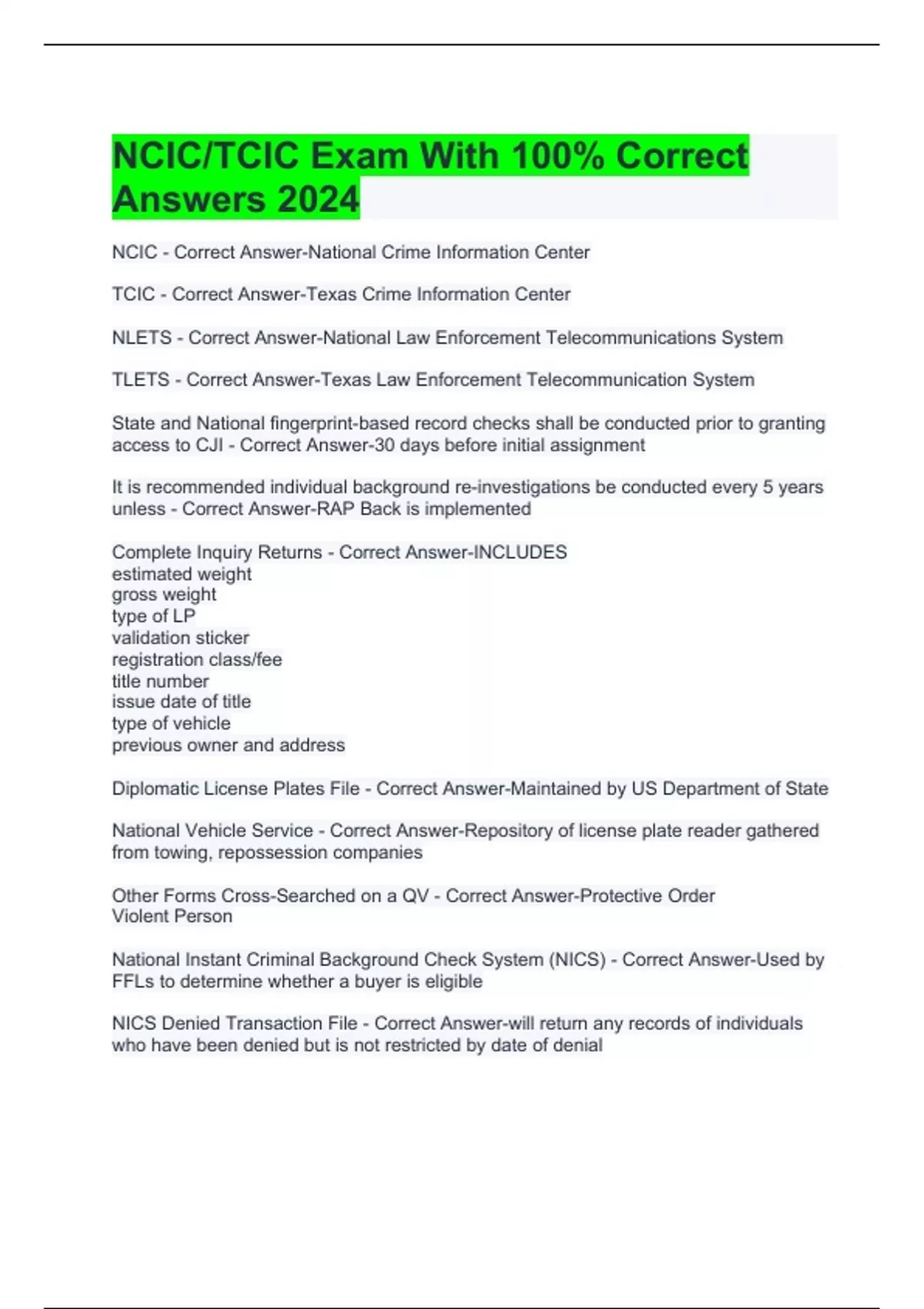 NCIC/TCIC Exam With 100% Correct Answers 2024 - NCIC/TCIC - Stuvia US