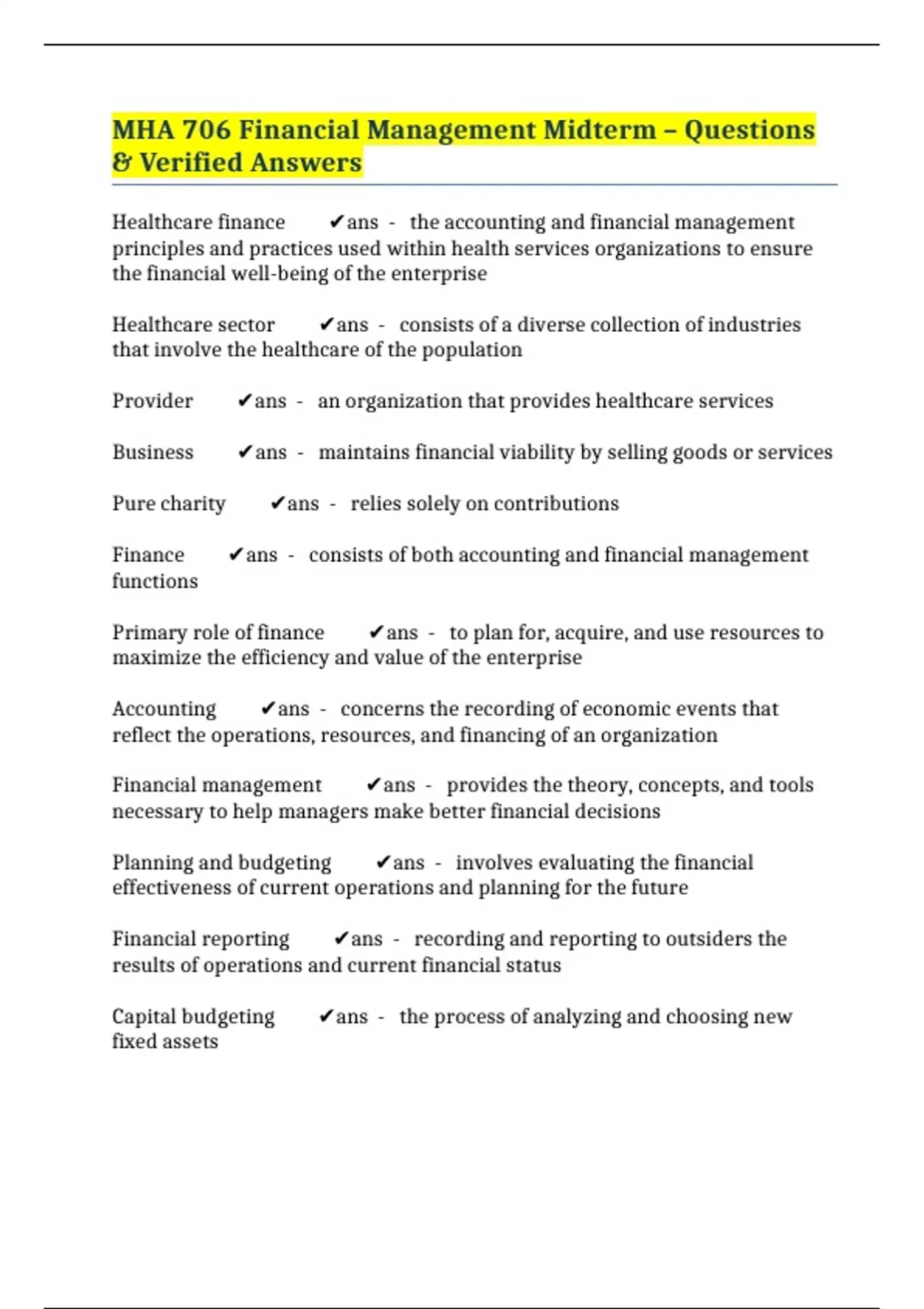 MHA 706 Financial Management Midterm Exam – Questions & Verified ...