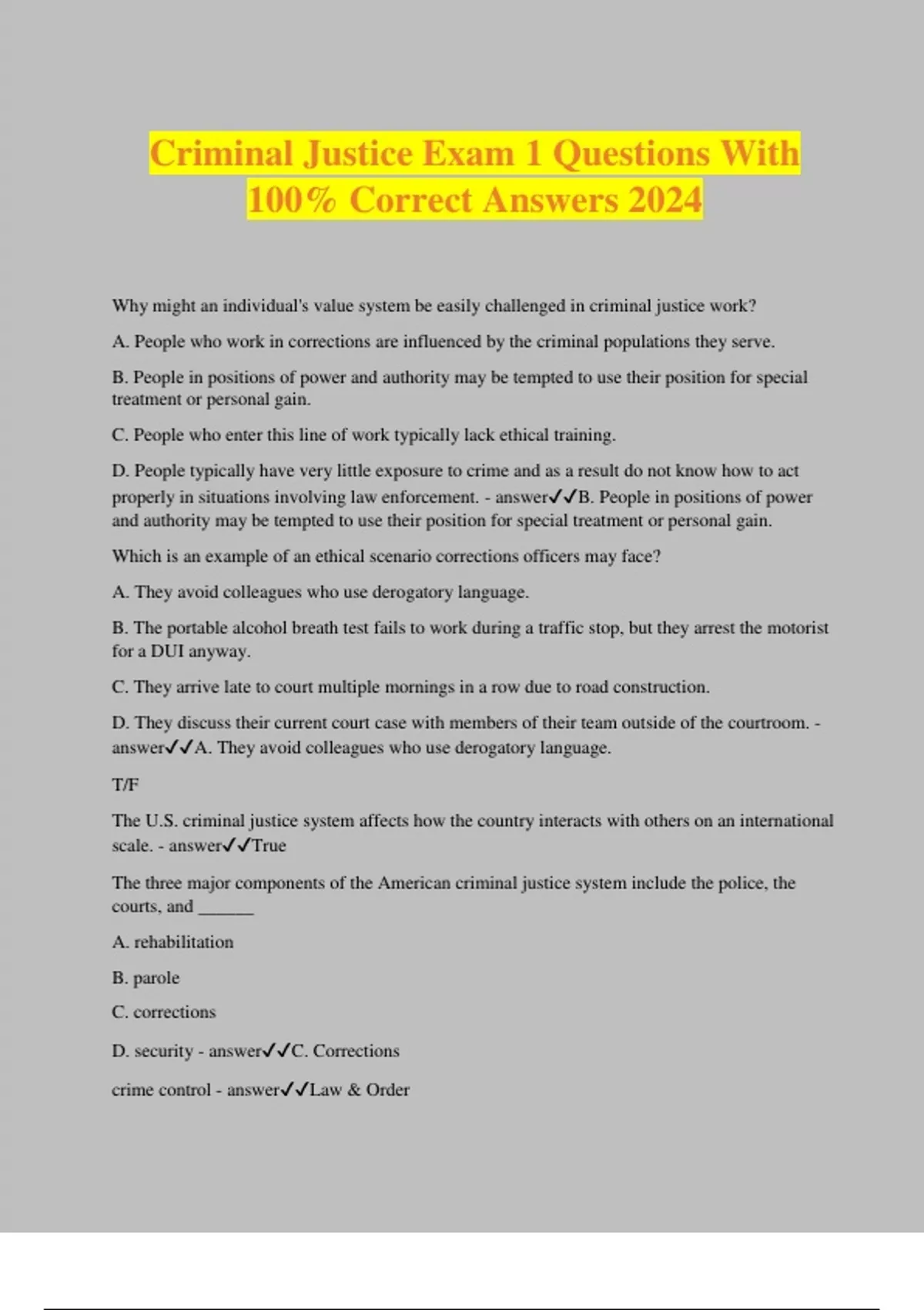 Criminal Justice Exam 1 Questions With 100% Correct Answers 2024 ...