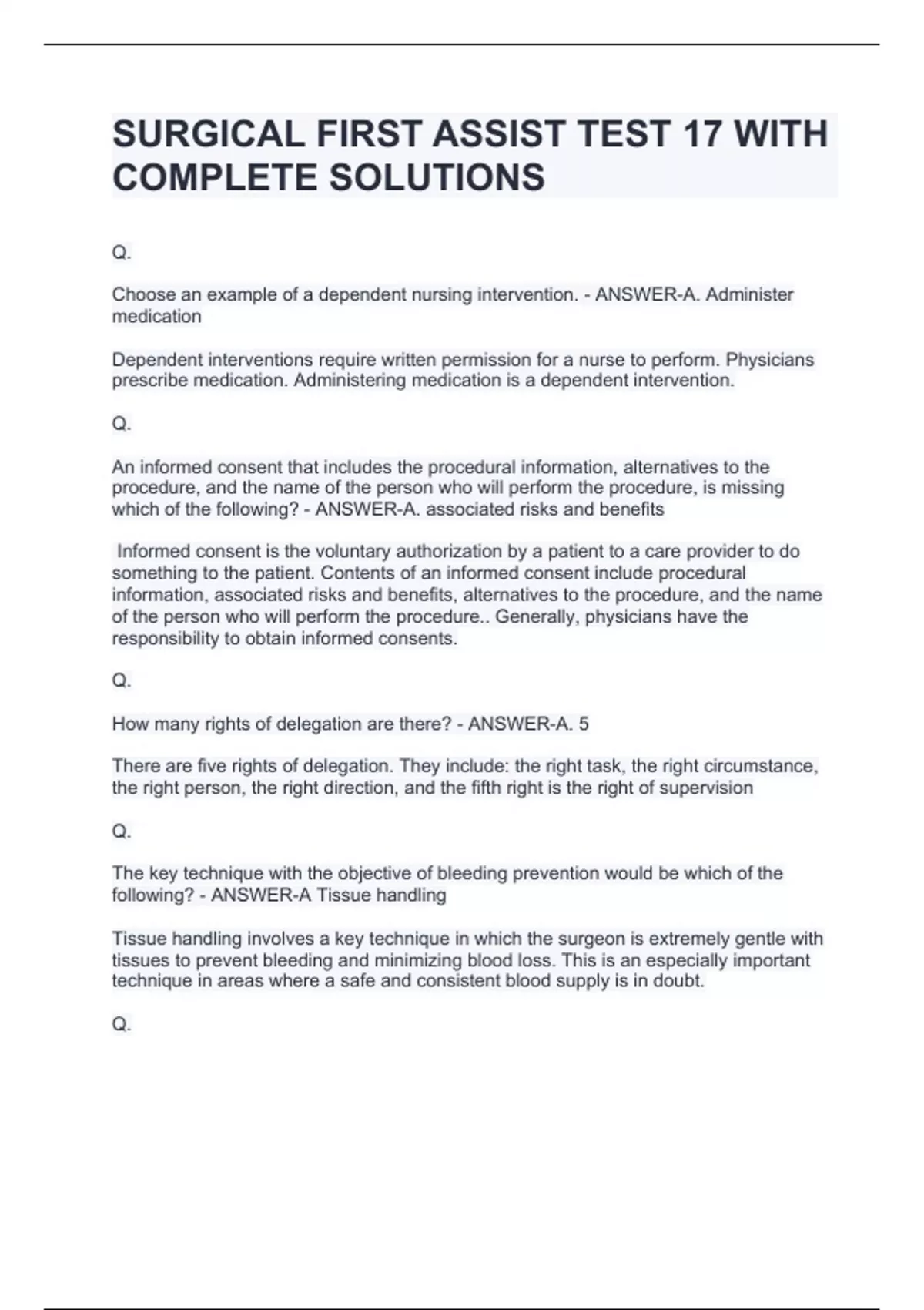 SURGICAL FIRST ASSIST TEST 17 WITH COMPLETE SOLUTIONS - SURGICAL FIRST ...