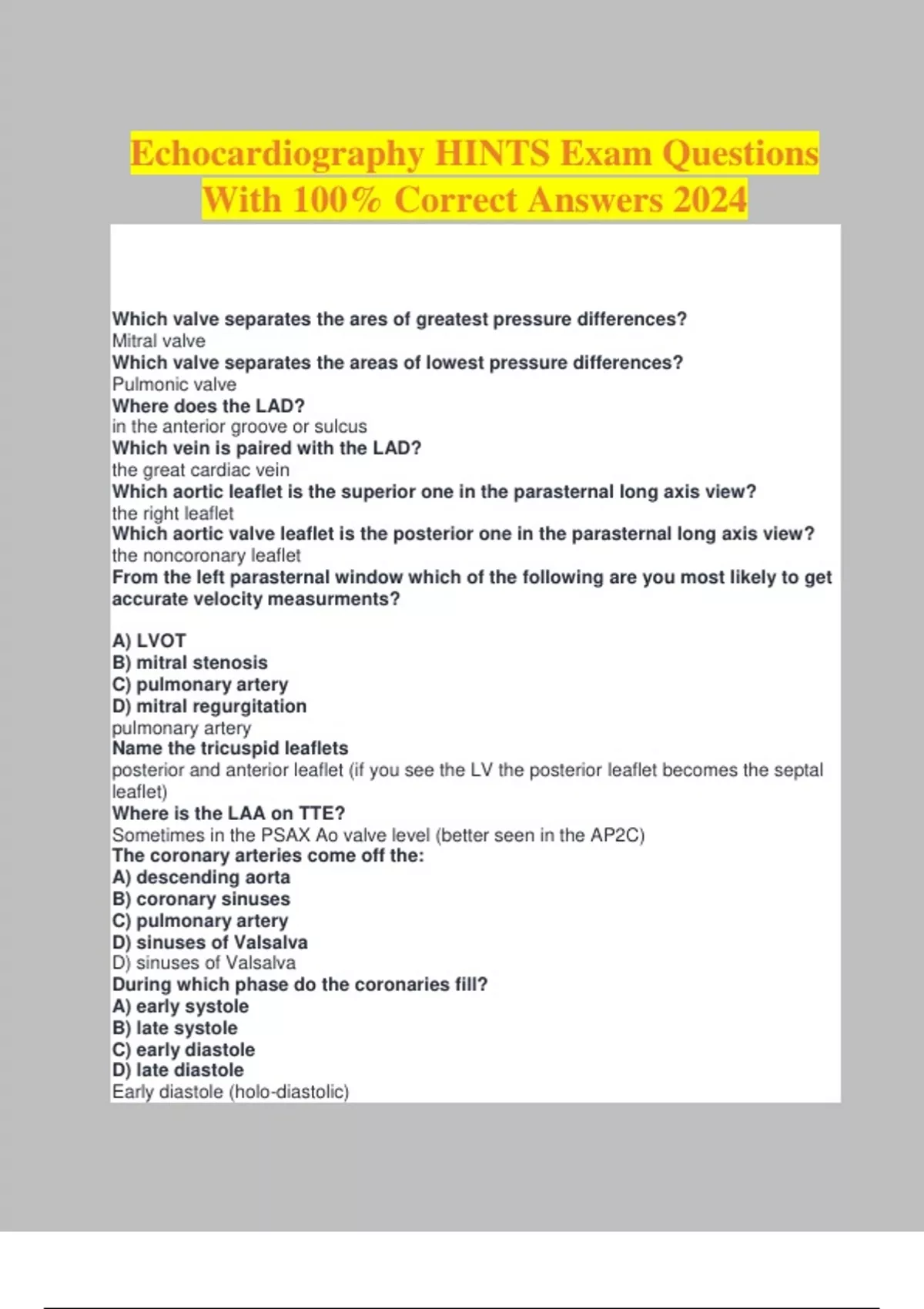 Echocardiography HINTS Exam Questions With 100% Correct Answers 2024 - Echocardiography - Stuvia US