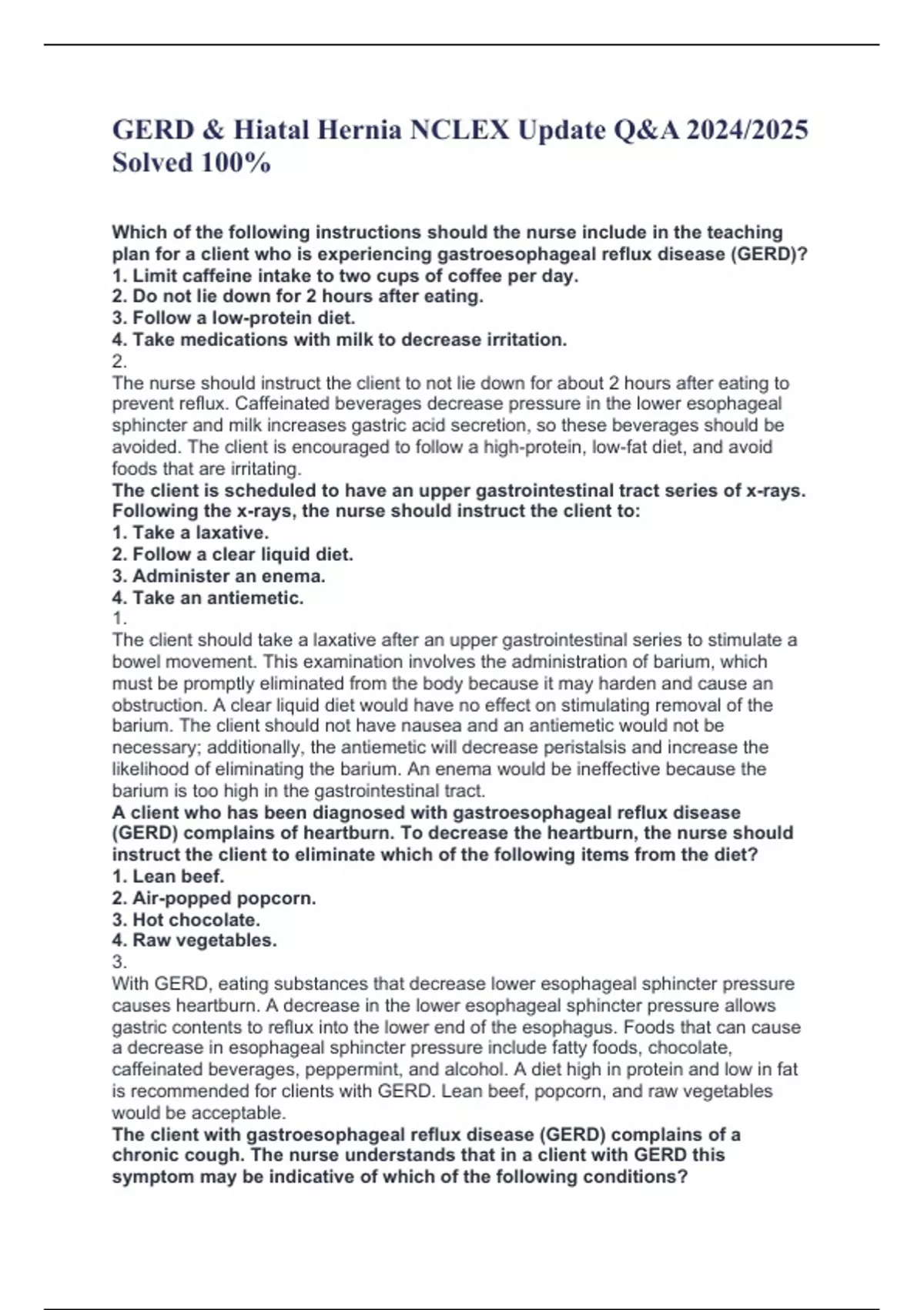 GERD & Hiatal Hernia NCLEX Update Q&A 2024/2025 Solved 100% - GERD & Hiatal Hernia NCLEX Update ...