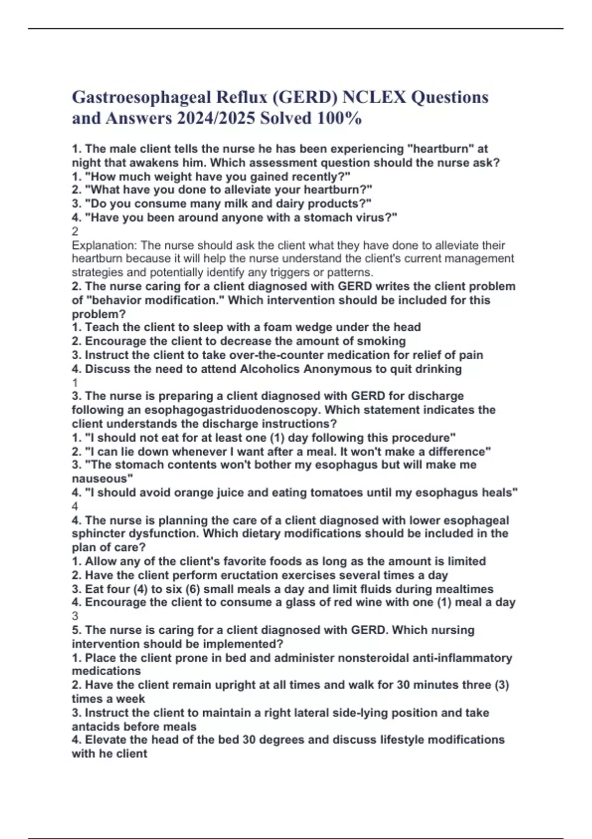 Gastroesophageal Reflux (GERD) NCLEX Questions and Answers 2024/2025 Solved 100% - GERD - Stuvia US