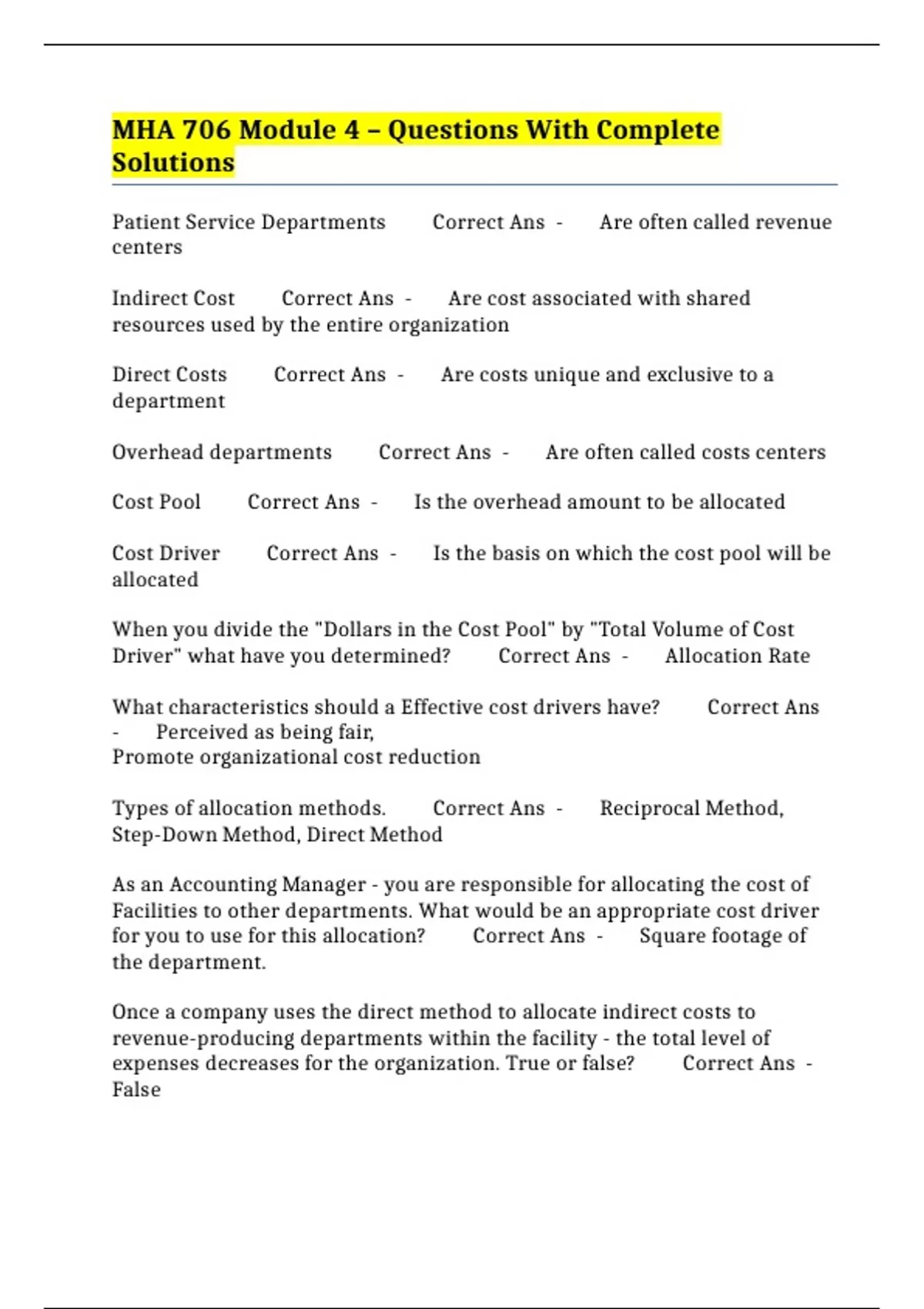 MHA 706 Module 4 – Questions With Complete Solutions - MHA 706 - Stuvia US