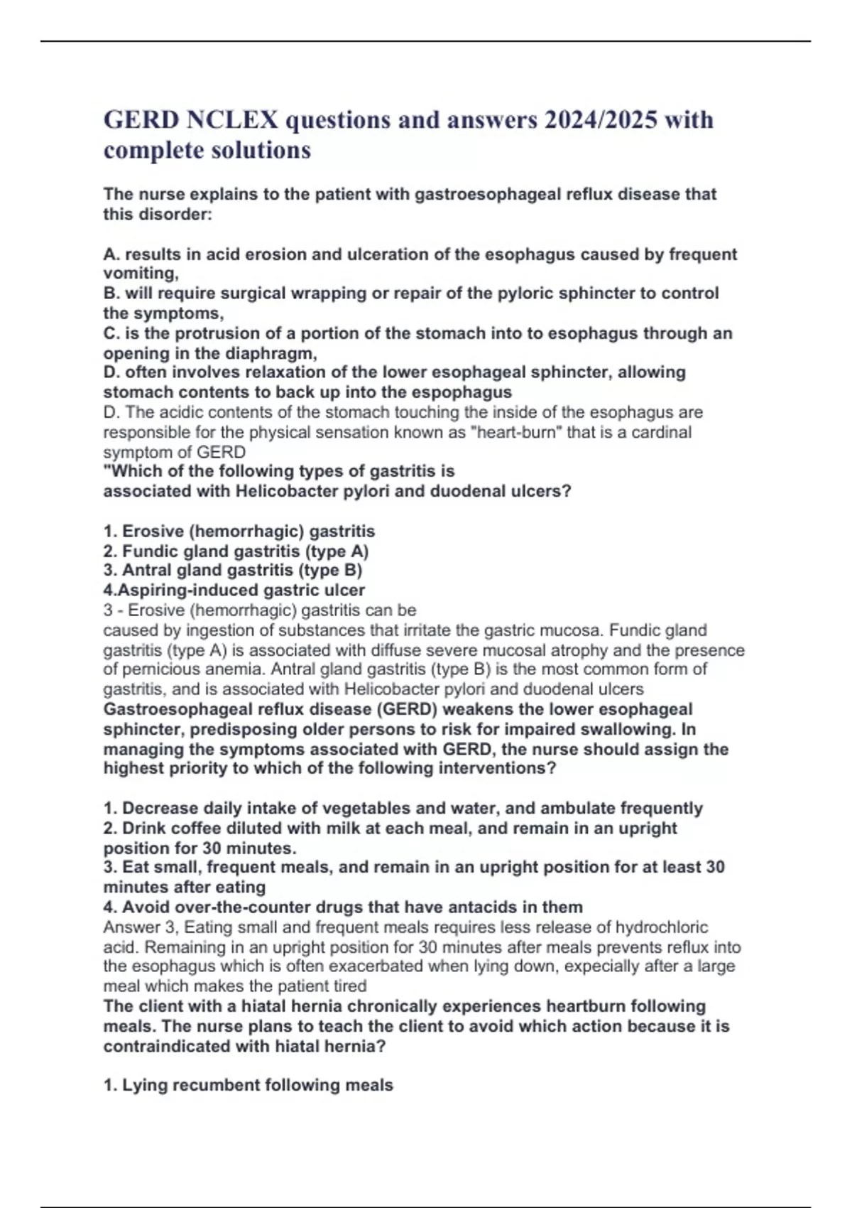 GERD NCLEX questions and answers 2024/2025 with complete solutions - GERD - Stuvia US