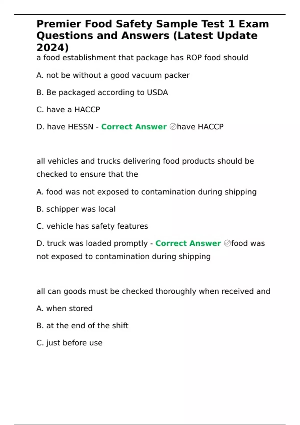 Premier Food Safety Sample Test 1 Exam Questions and Answers (Latest ...