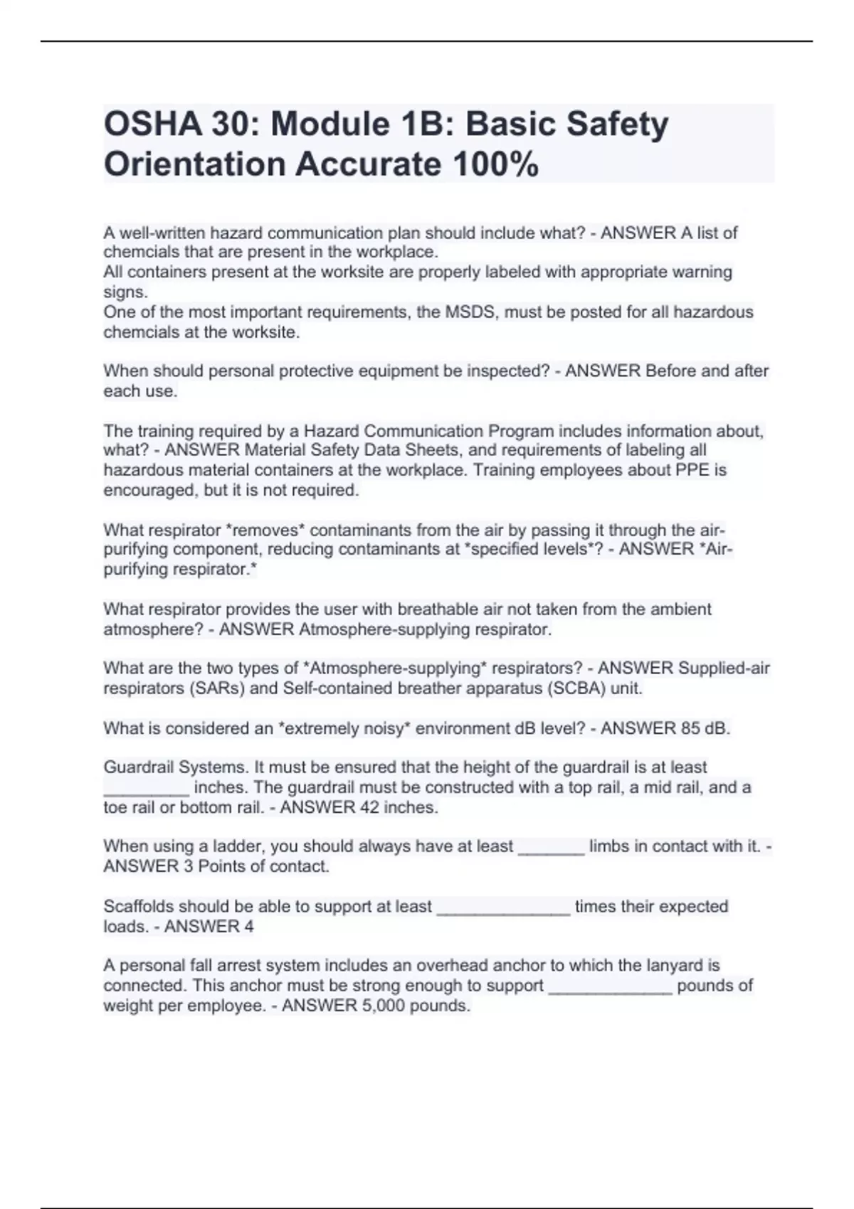 OSHA 30: Module 1B: Basic Safety Orientation Accurate 100% - Osha 30 - Stuvia US