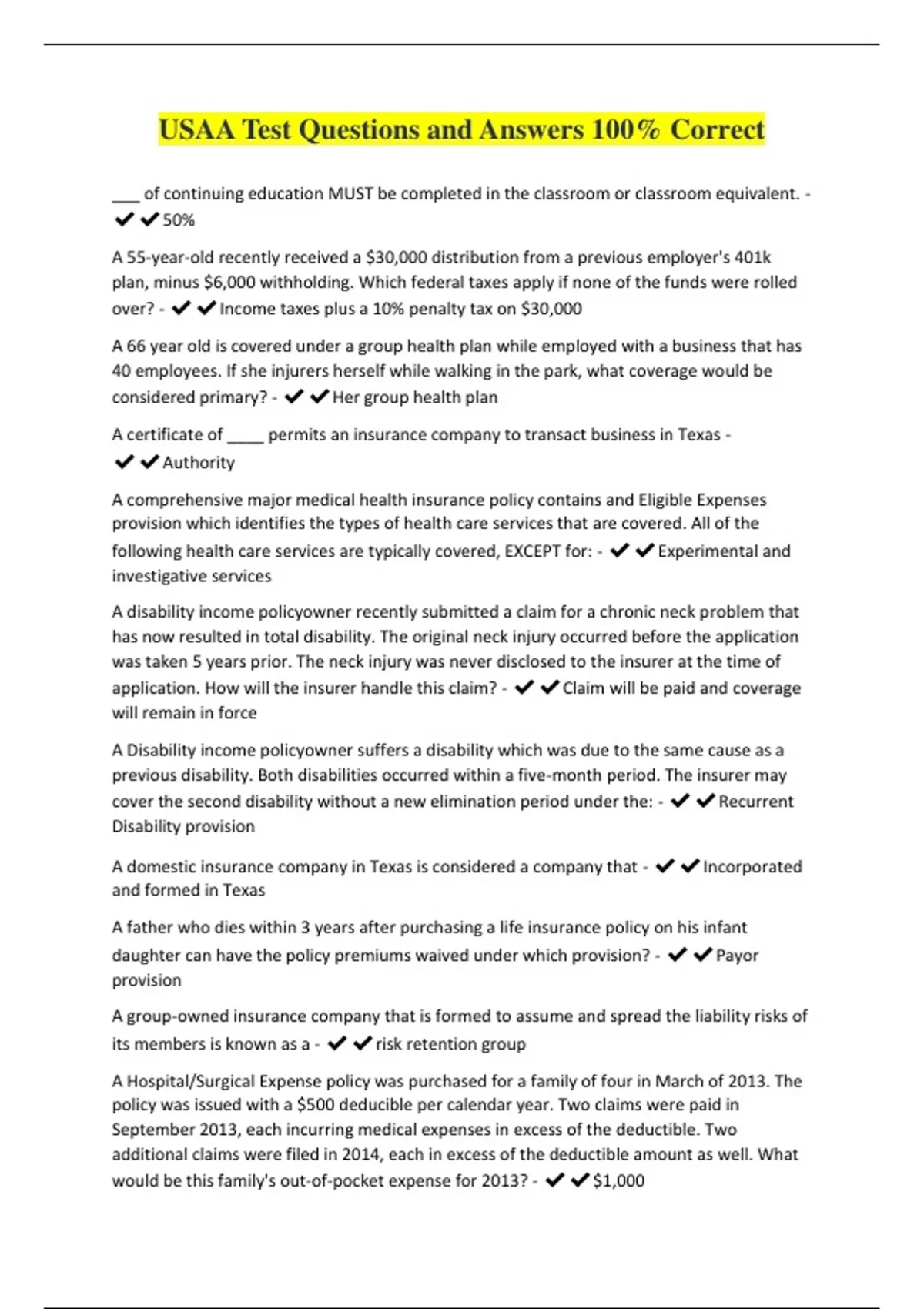 USAA Test Questions and Answers 100% Correct - P&C - Stuvia US