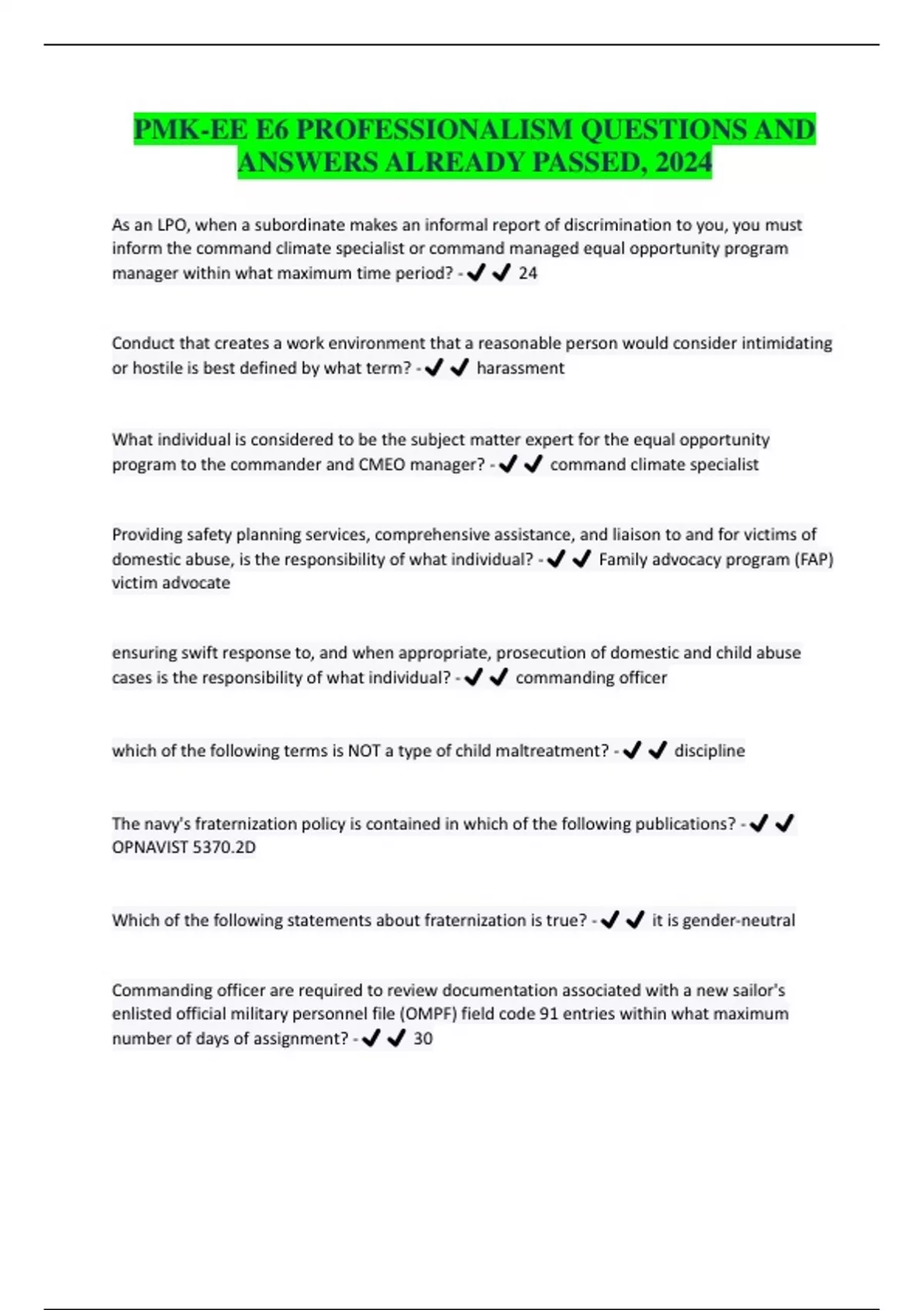 PMK-EE E6 PROFESSIONALISM QUESTIONS AND ANSWERS ALREADY PASSED, 2024 ...