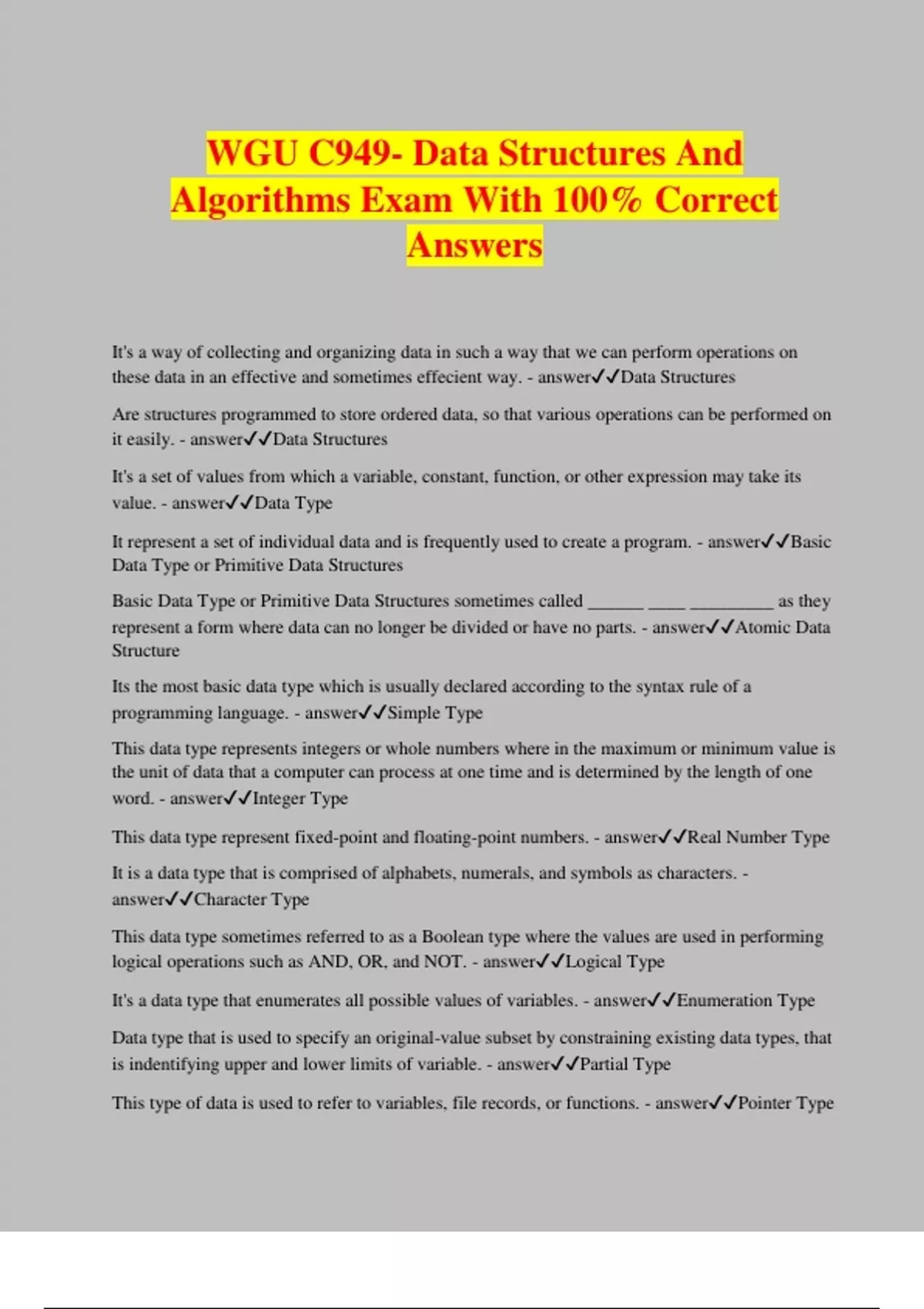 WGU C949- Data Structures And Algorithms Exam With 100% Correct Answers - WGU C949 - Stuvia US