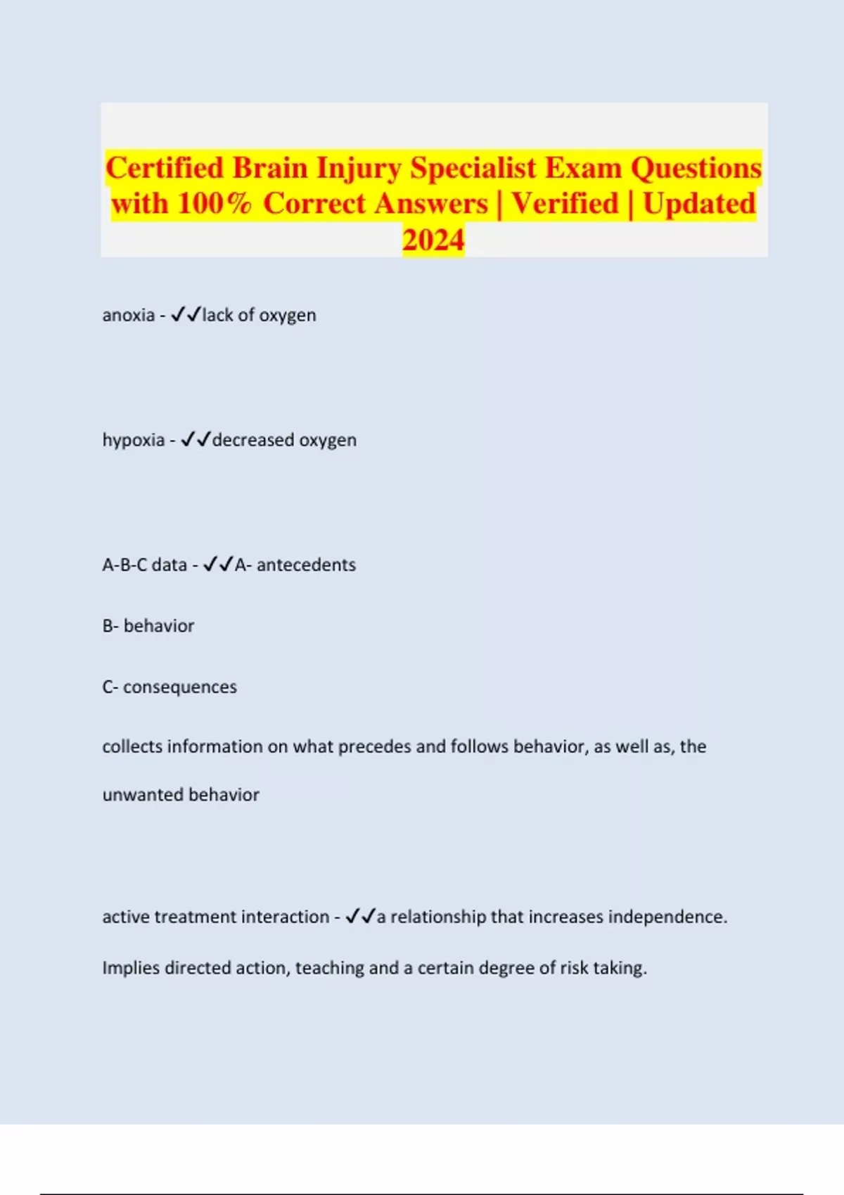 Certified Brain Injury Specialist Exam Questions with 100% Correct ...