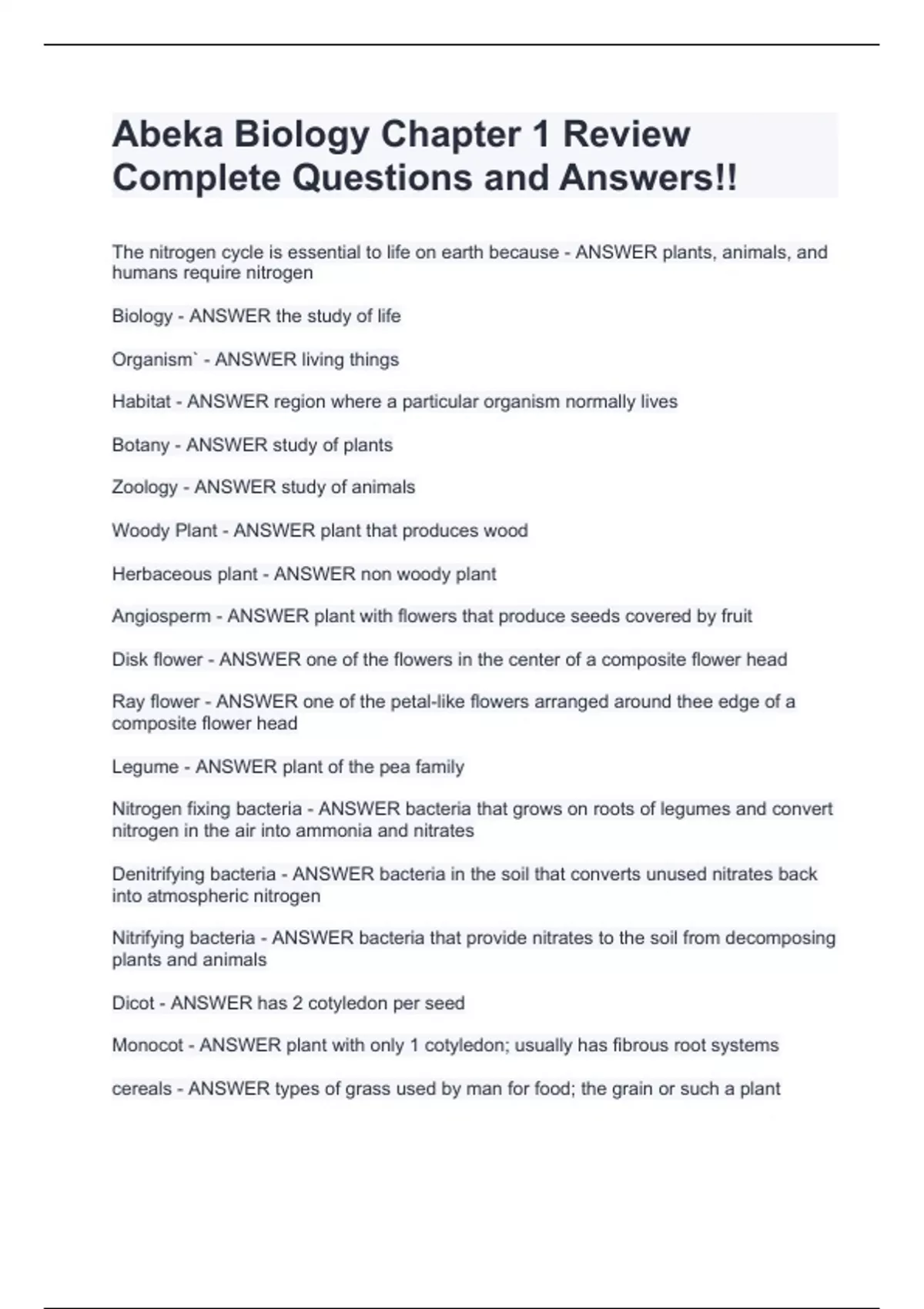 Abeka Biology Chapter 1 Review Complete Questions and Answers!! - Abeka ...