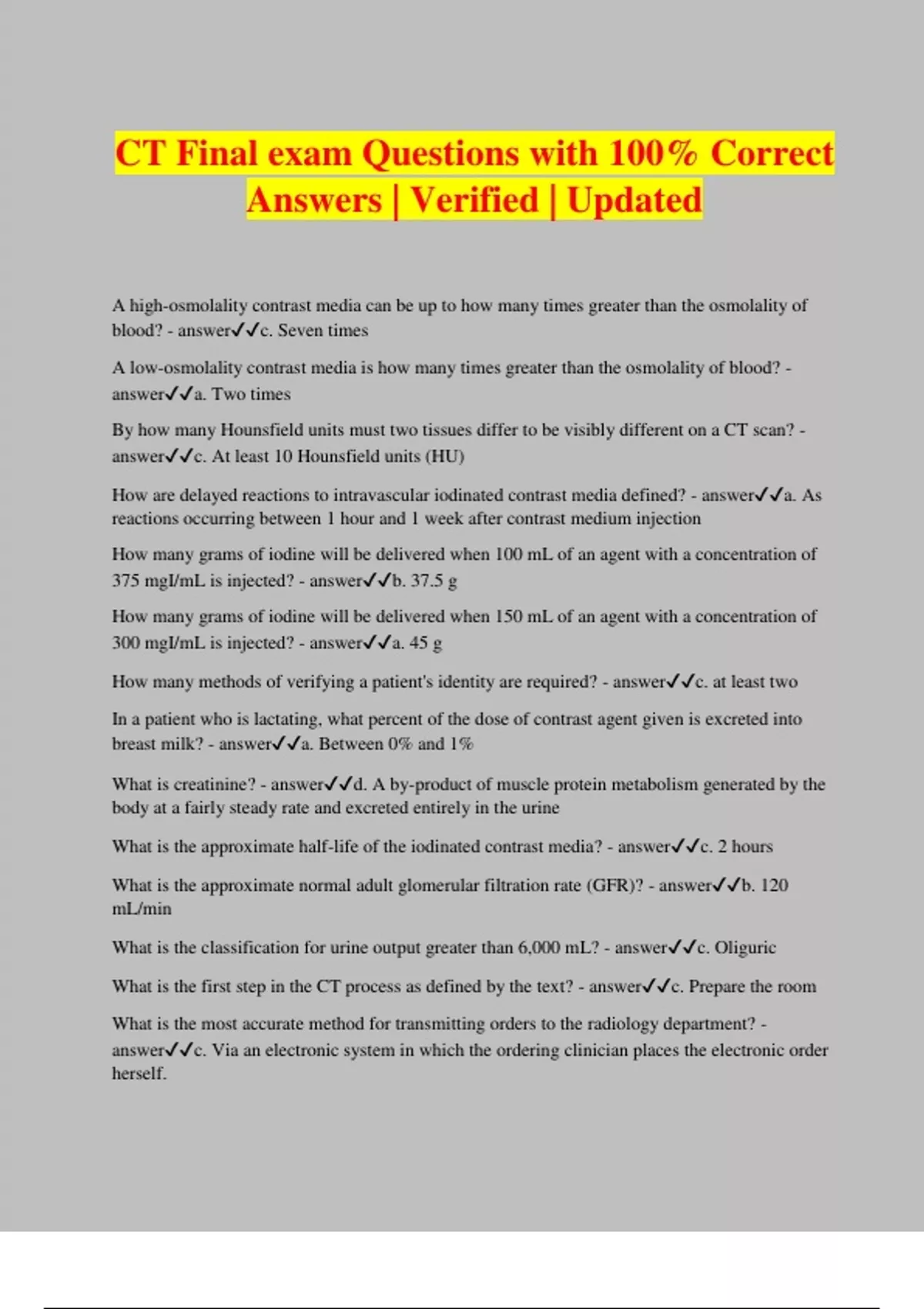 CT Final exam Questions with 100% Correct Answers | Verified | Updated - CT - Stuvia US