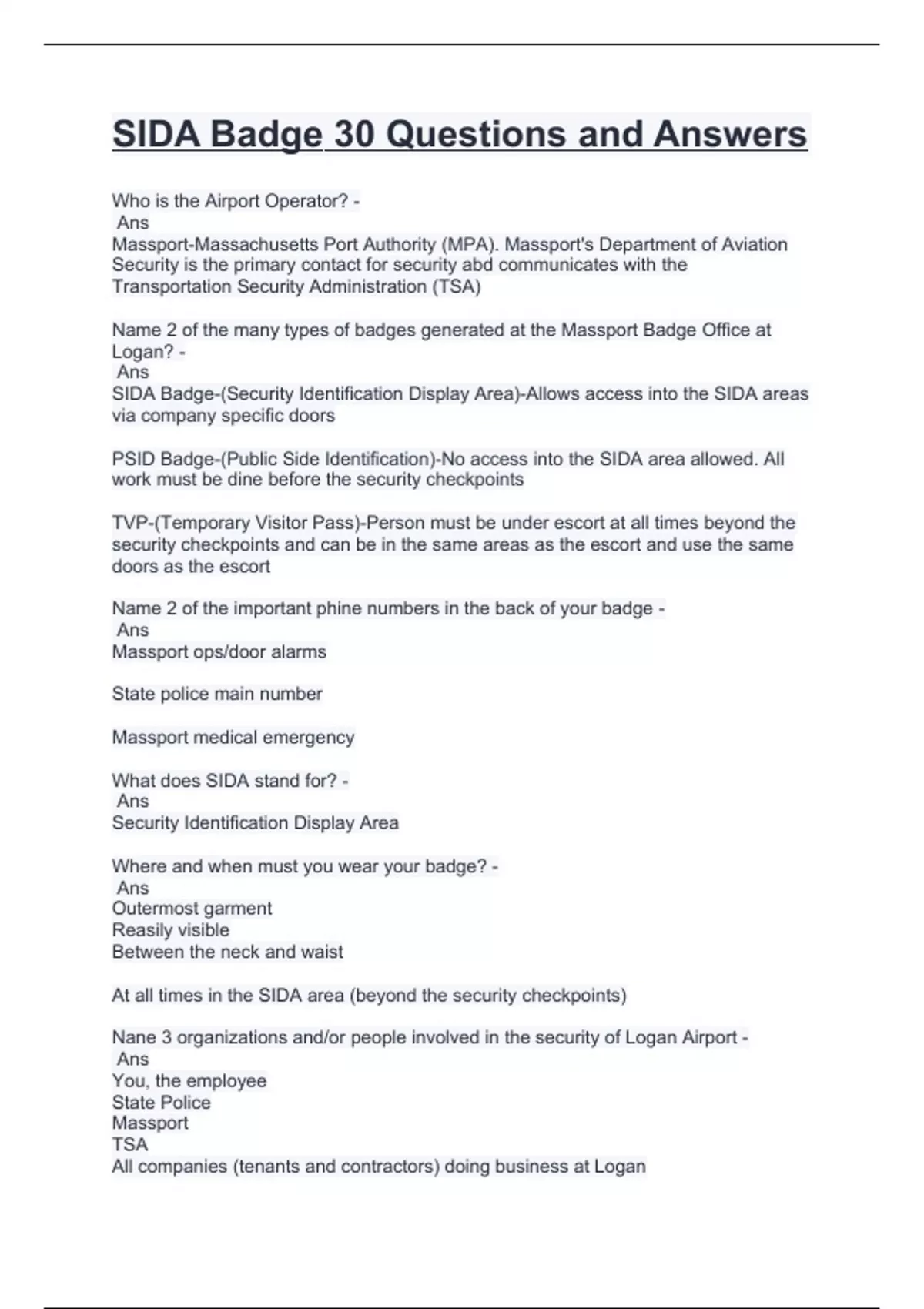 SIDA Badge 30 Questions and Answers - Airport sida - Stuvia US