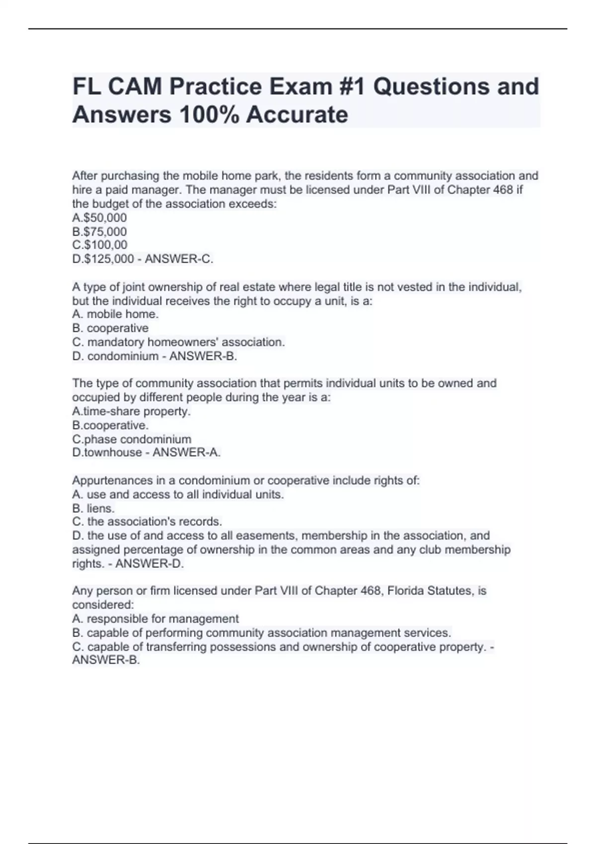 FL CAM Practice Exam #1 Questions and Answers 100% Accurate - Fl Cam ...