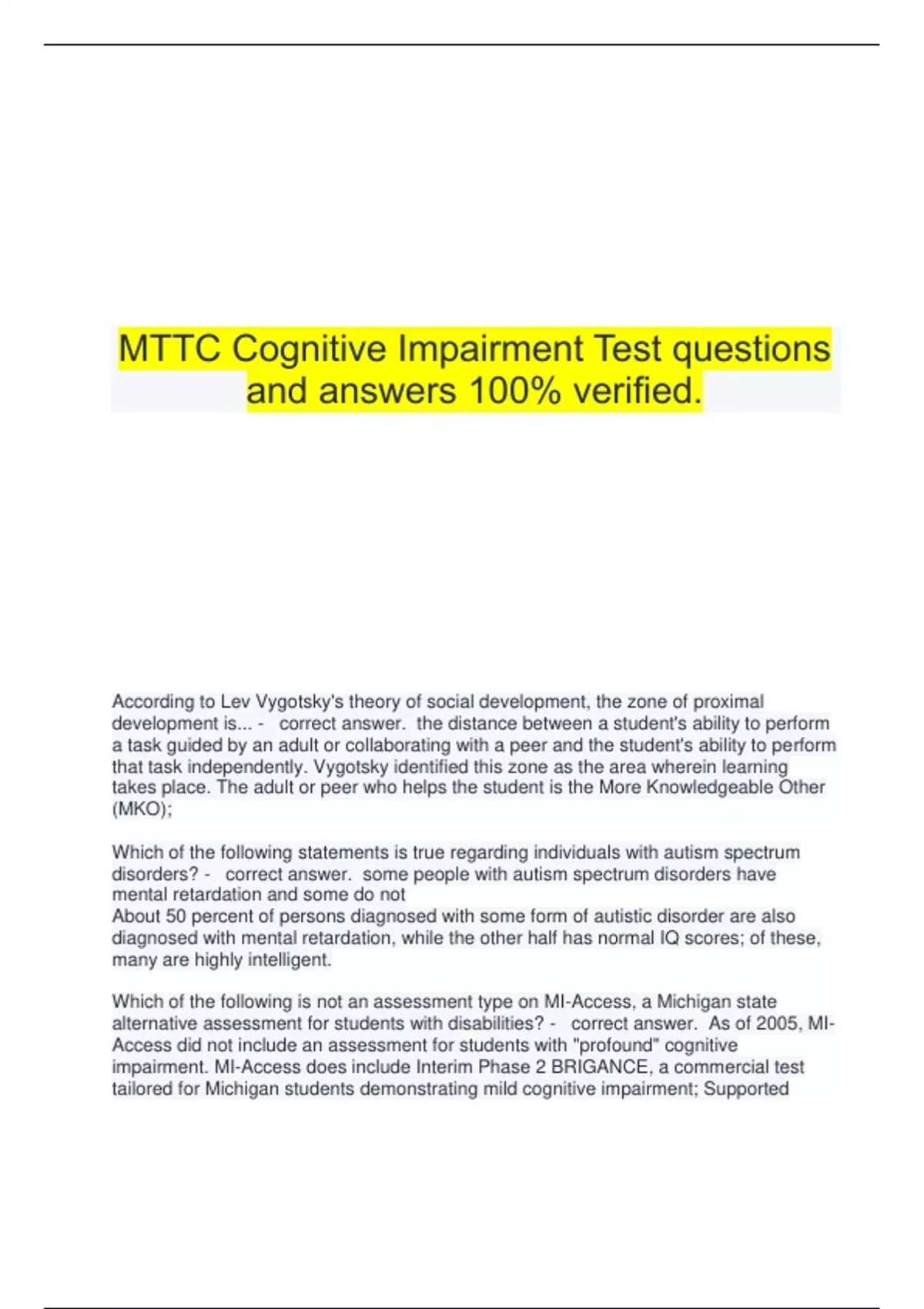 MTTC Cognitive Impairment Test questions and answers 100% verified ...
