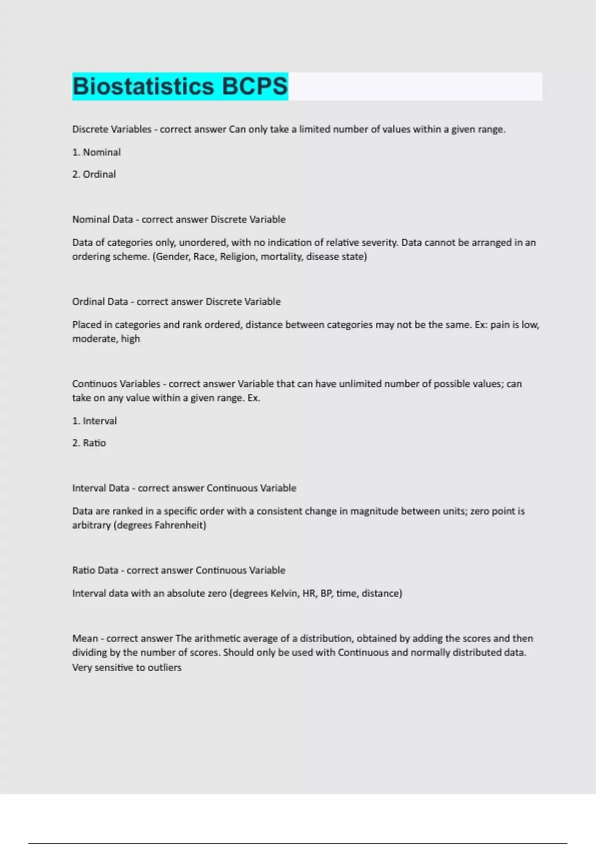 Biostatistics BCPS exam question and answer latest update - BCPS ...