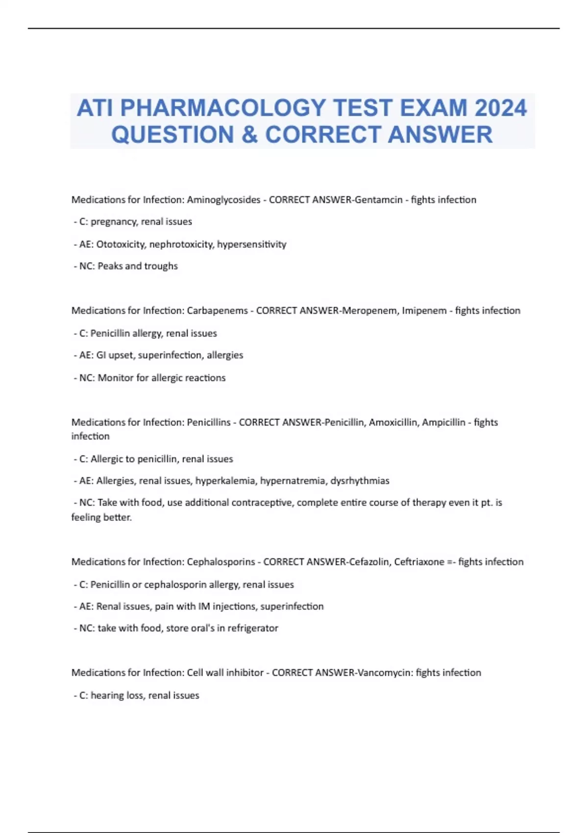 ATI PHARMACOLOGY TEST EXAM 2024 QUESTION & CORRECT ANSWER - ATI ...