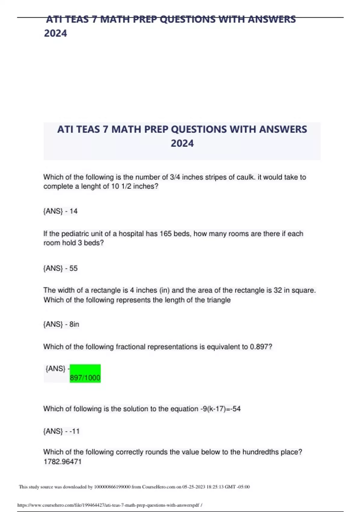 ATI TEAS 7 MATH PREP QUESTIONS WITH ANSWERS 2024 - ATI TEAS 7 - Stuvia US