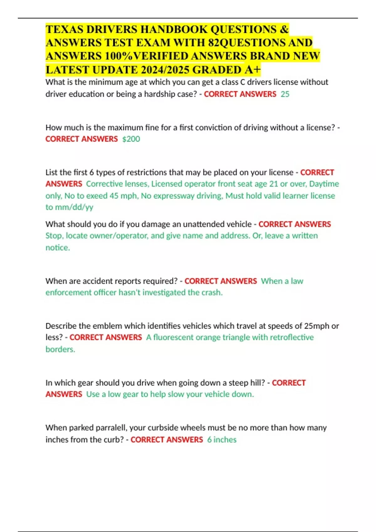 TEXAS DRIVERS HANDBOOK QUESTIONS & ANSWERS TEST EXAM WITH 82QUESTIONS ...