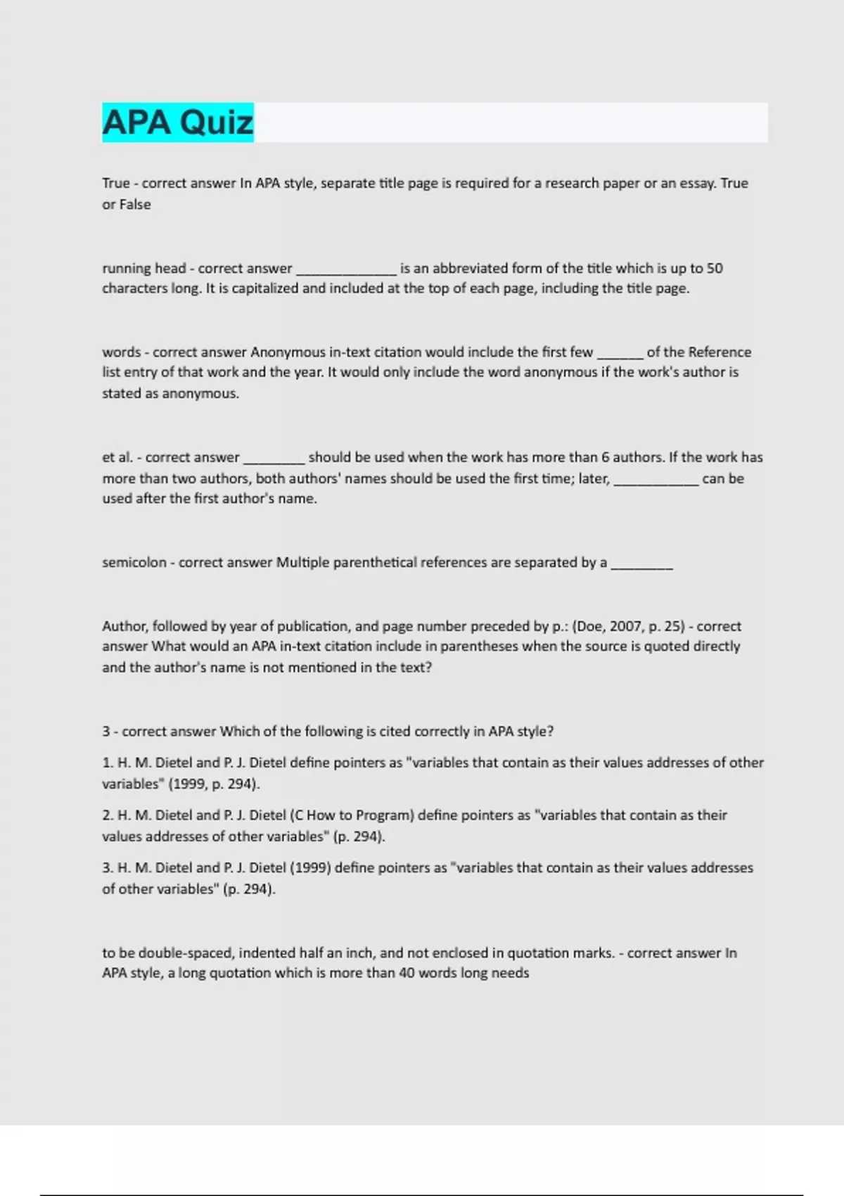 APA Quiz exam question and answer latest update - COMPLETE 6th Edition ...