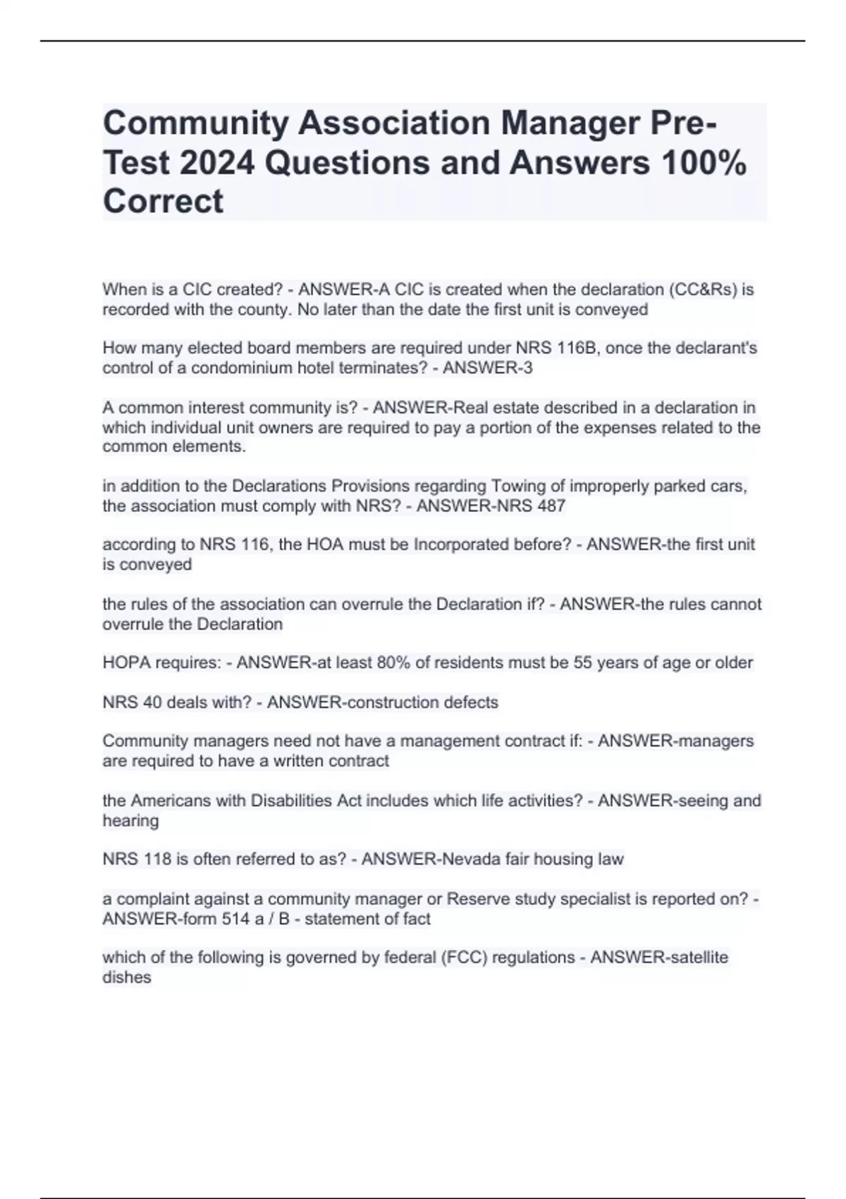 Community Association Manager Pre-Test 2024 Questions and Answers 100% ...