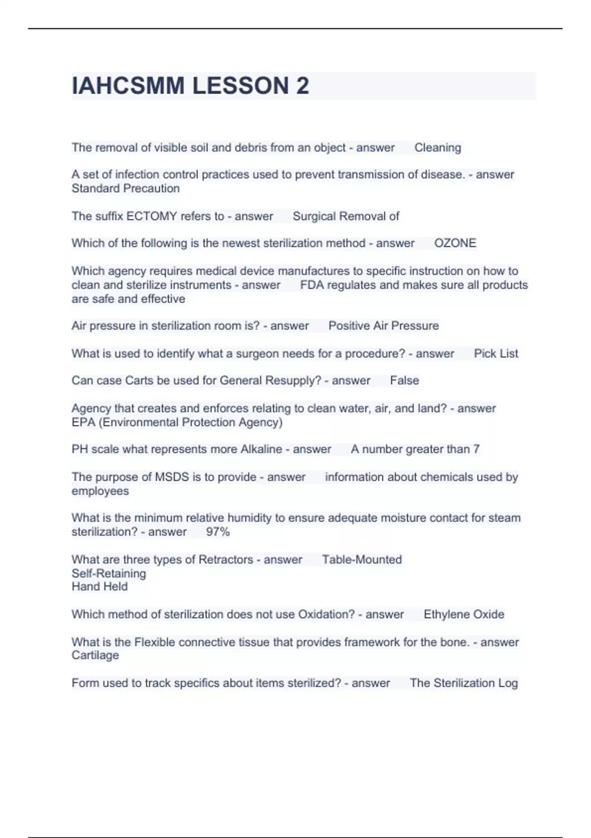 IAHCSMM LESSON 2 QUESTIONS WITH CORRECT ANSWERS 2024 - IAHCSMM - Stuvia US