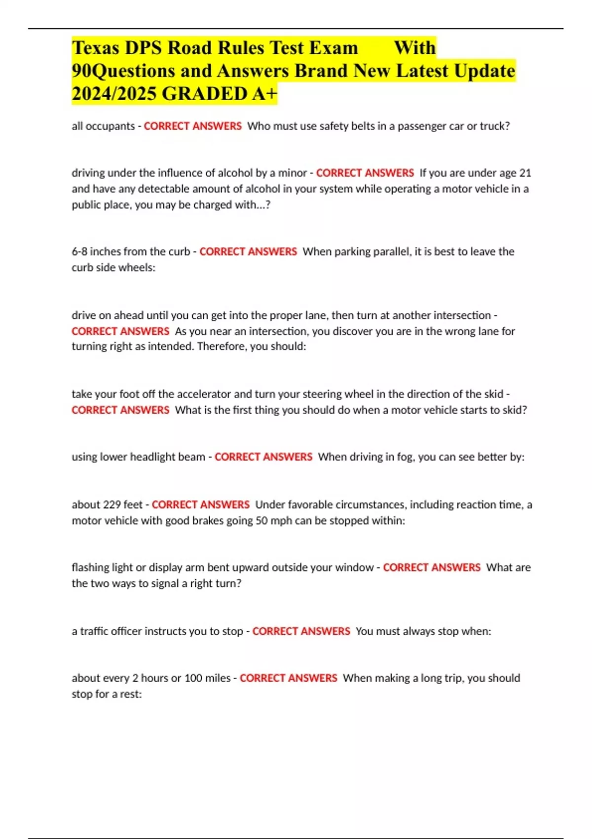 Texas DPS Road Rules Test Exam With 90Questions and Answers Brand New ...