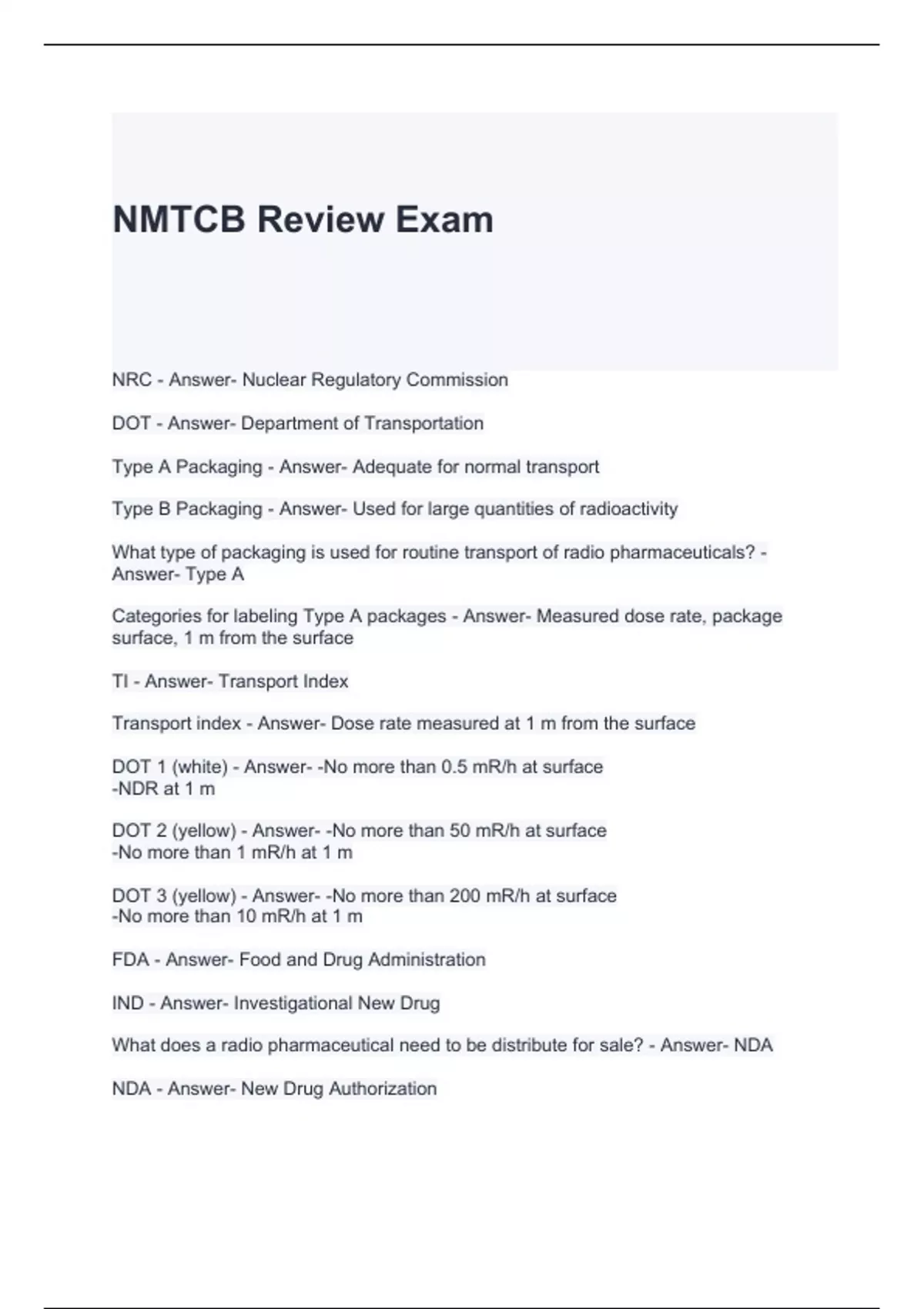 NMTCB Review Exam with correct Answers 100% - NMTCB CT - Stuvia US