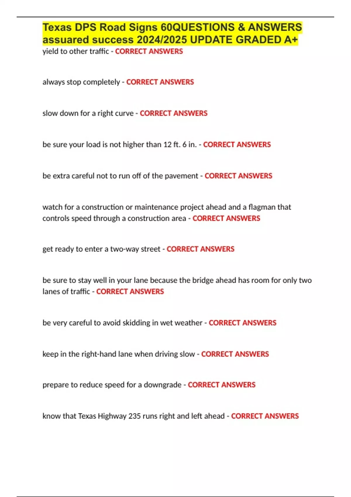 Texas DPS Road Signs 60QUESTIONS & ANSWERS assuared success 2024/2025 ...