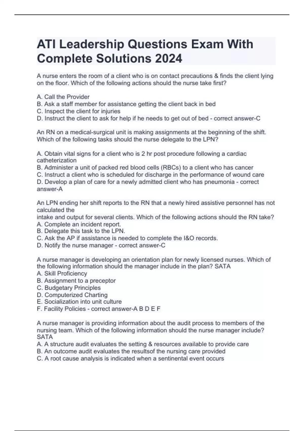 ATI Leadership Questions Exam With Complete Solutions 2024 - ATI ...
