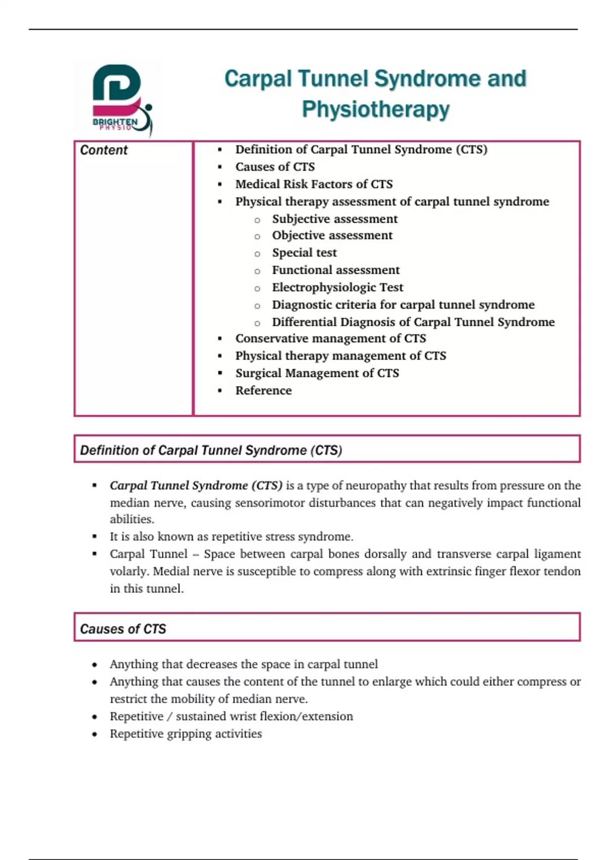 Carpal Tunnel Syndrome and Its Physiotherapy Assessment and Management ...