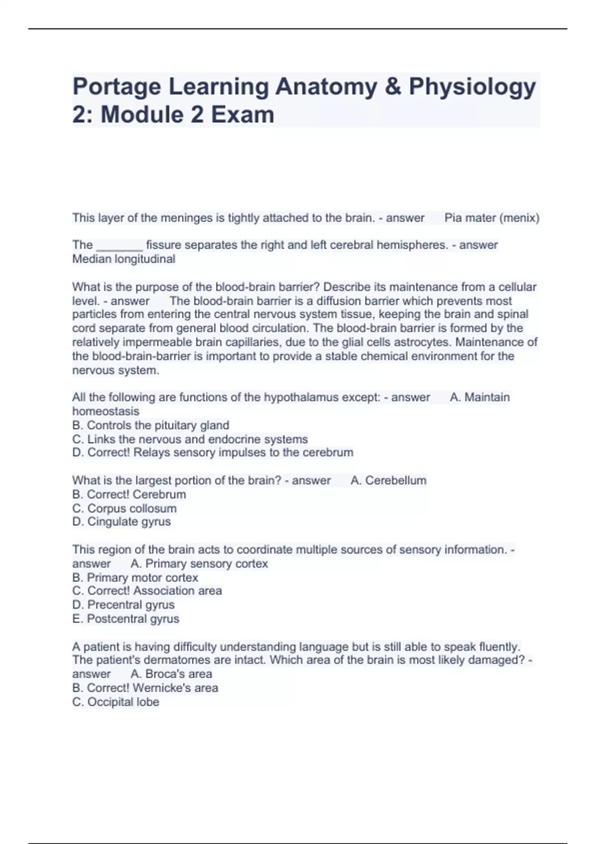 Portage Learning Anatomy & Physiology 2. Module 2 Exam Questions and ...