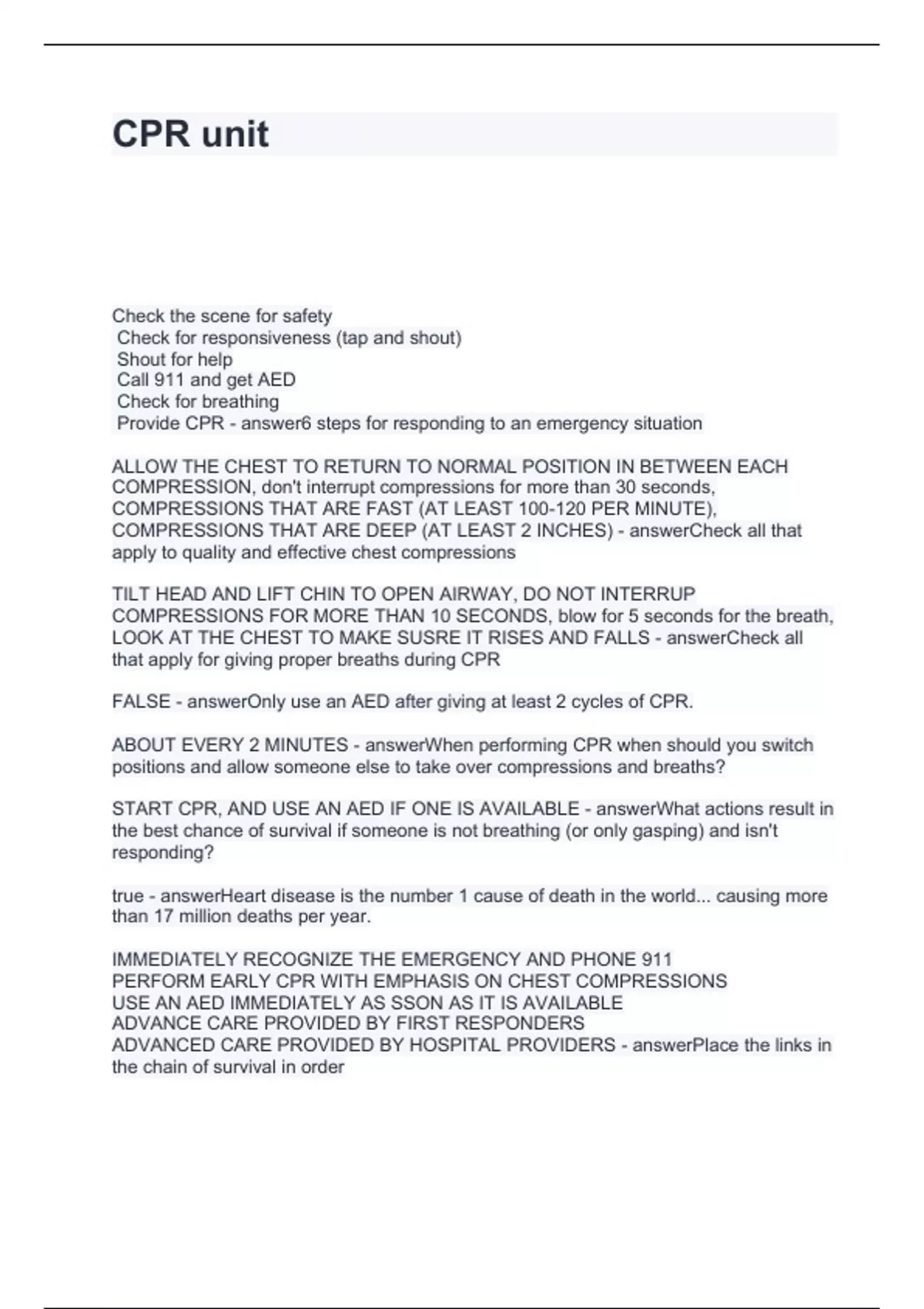 CPR unit Questions with correct Answers 2024 - Cpr - Stuvia US