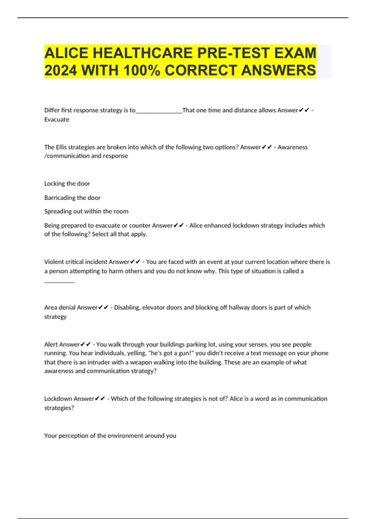 ALICE HEALTHCARE PRE-TEST EXAM 2024 WITH 100% CORRECT ANSWERS - ALICE ...