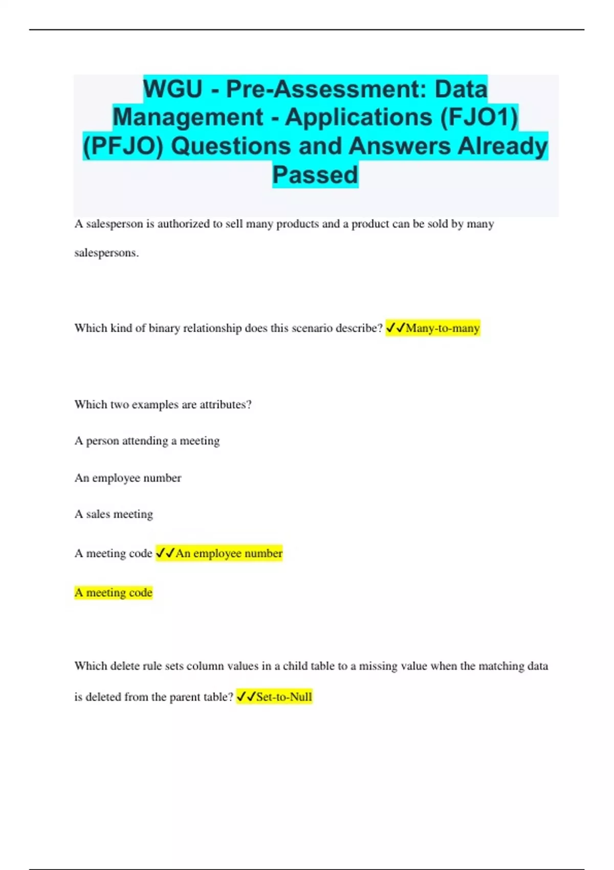 WGU - Pre-Assessment: Data Management - Applications (FJO1) (PFJO) Questions and Answers Already ...