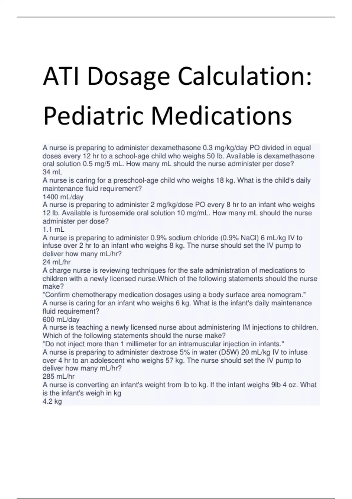 ATI Dosage Calculation: Pediatric Medications - ATI Dosage - Stuvia US
