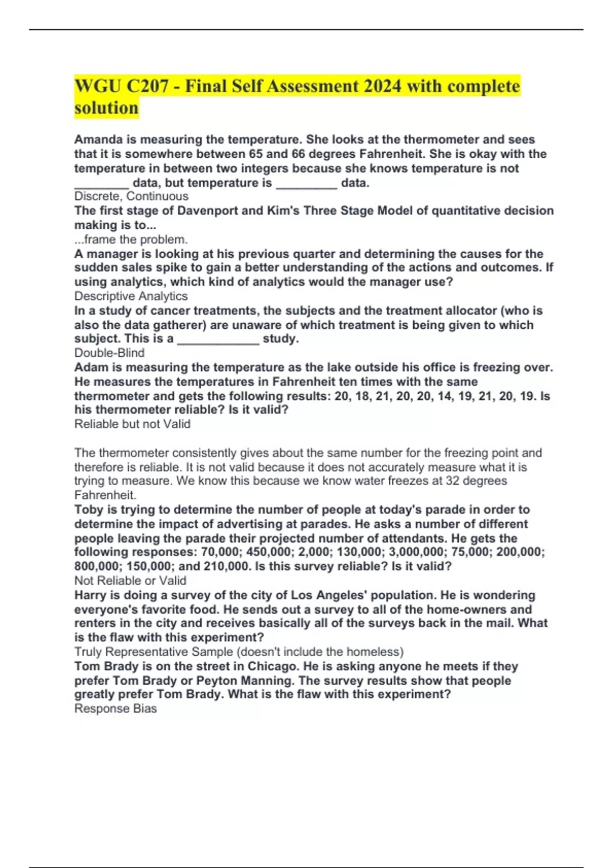 WGU C207 - Final Self Assessment 2024 with complete solution - Nursing ...