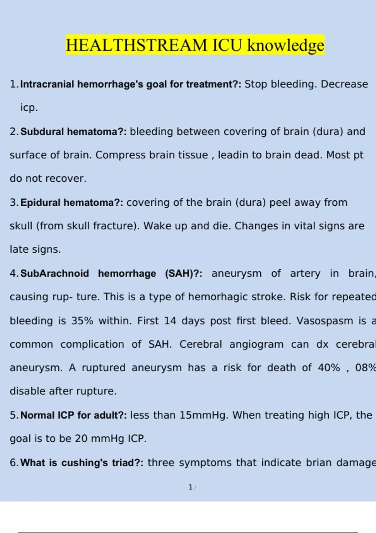 HEALTHSTREAM ICU knowledge Exam | Questions with 100% Correct Answers ...