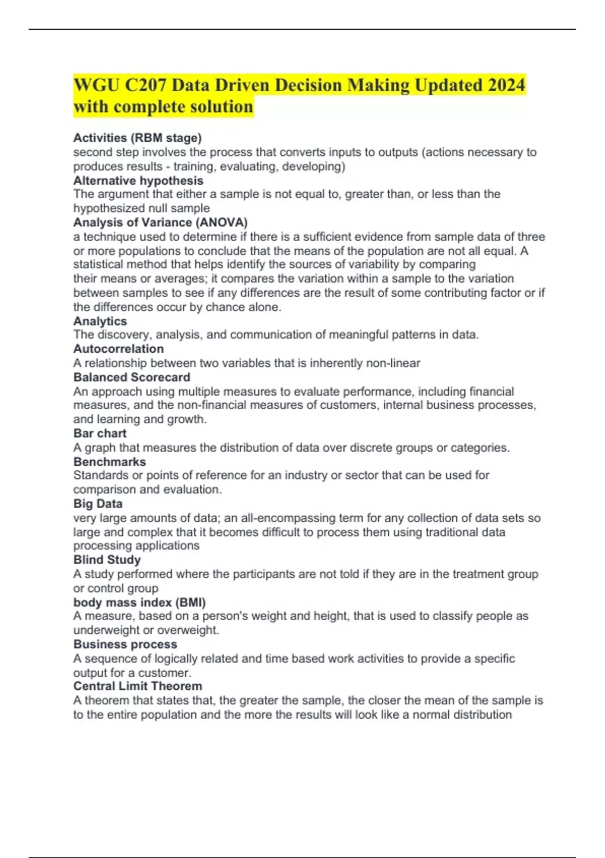 WGU C207 Data Driven Decision Making Updated 2024 with complete ...