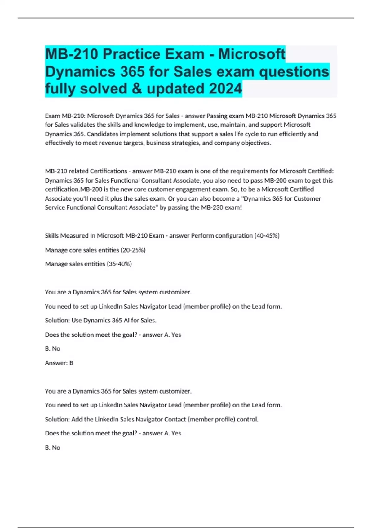 MB-210 Practice Exam - Microsoft Dynamics 365 for Sales exam questions ...