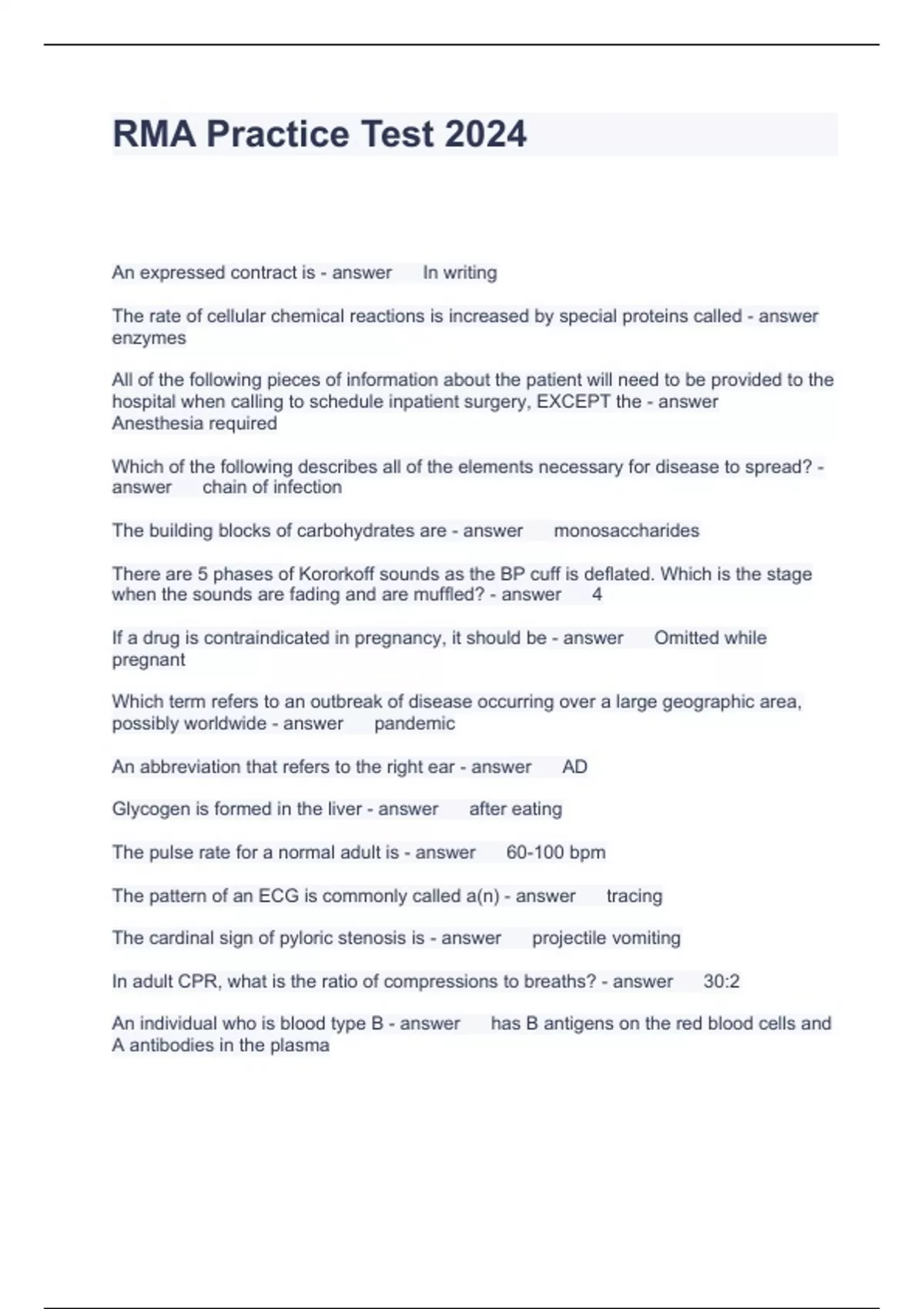 RMA Practice Test 2024 Questions with correct Answers - RMA - Stuvia US