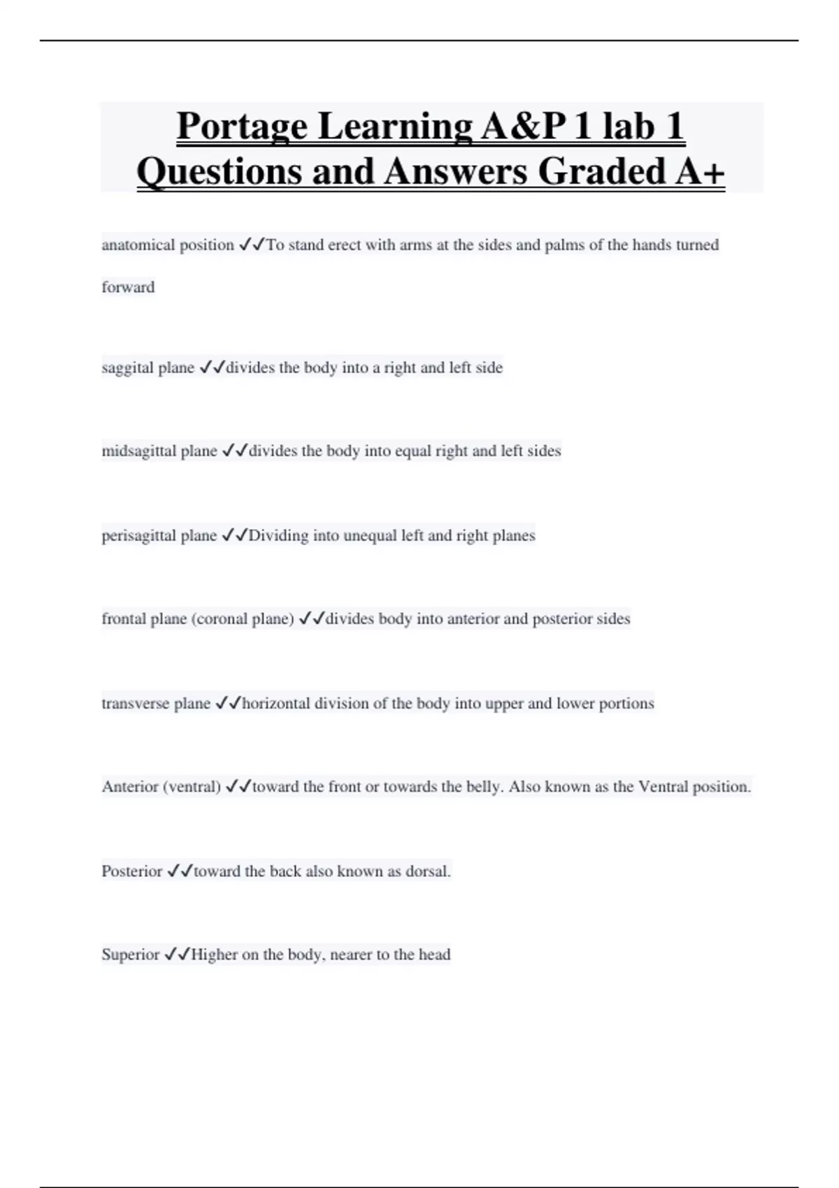 Portage Learning A&P 1 lab 1 Questions and Answers Graded A+ - Portage BIOD 171 - Stuvia US