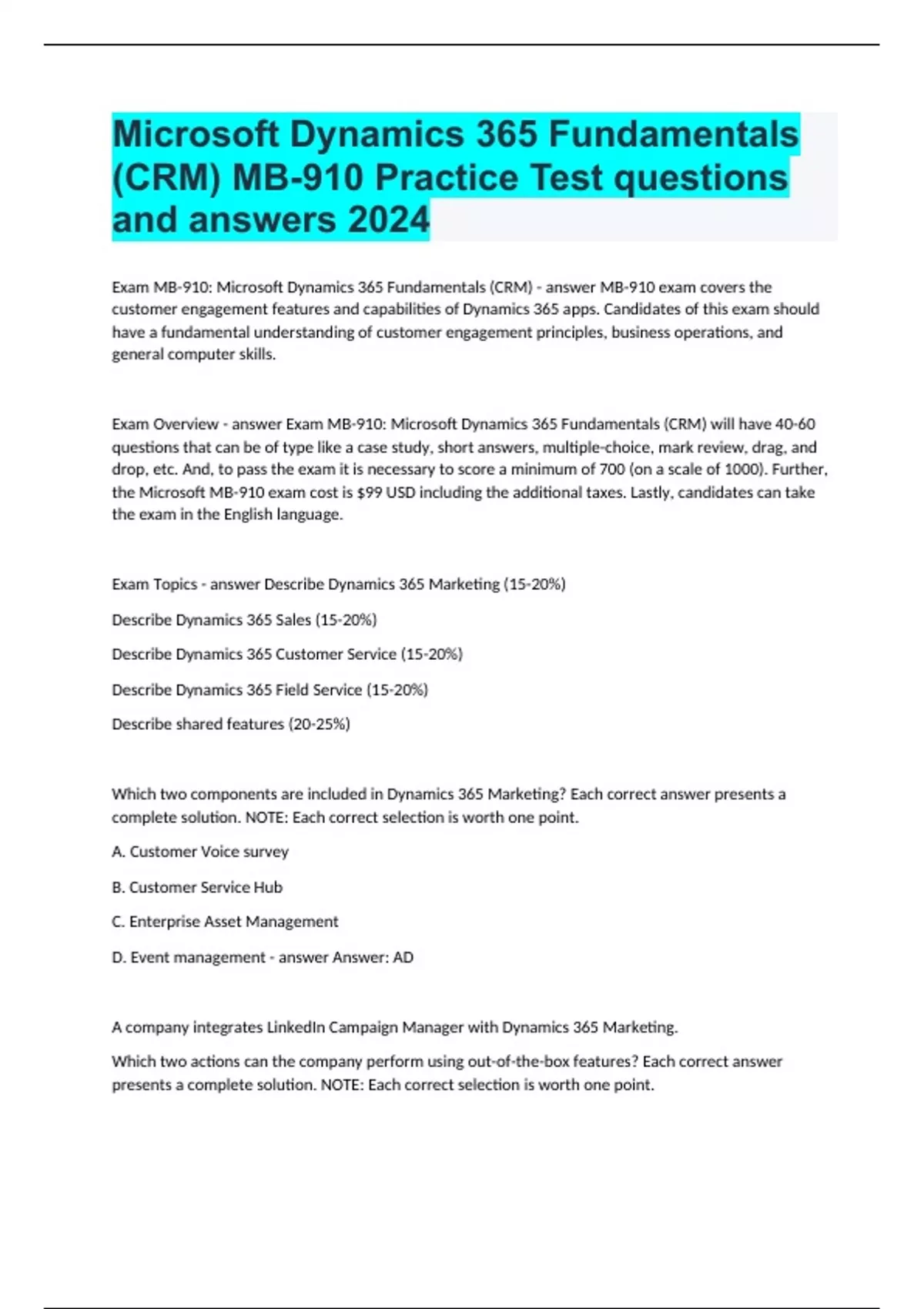 Microsoft Dynamics 365 Fundamentals (CRM) MB-910 Practice Test ...