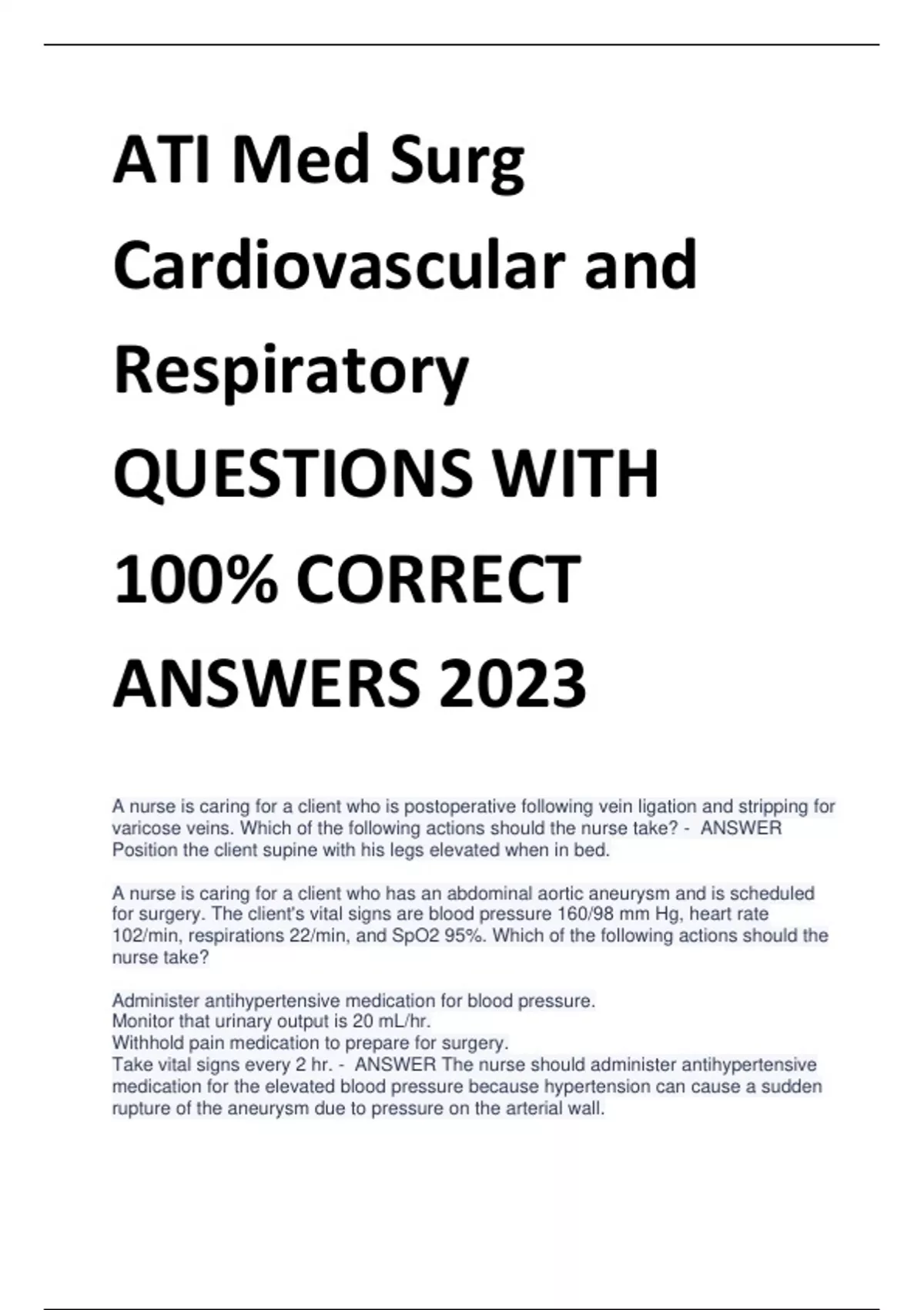 ATI Med Surg Cardiovascular and Respiratory QUESTIONS WITH 100% CORRECT ...