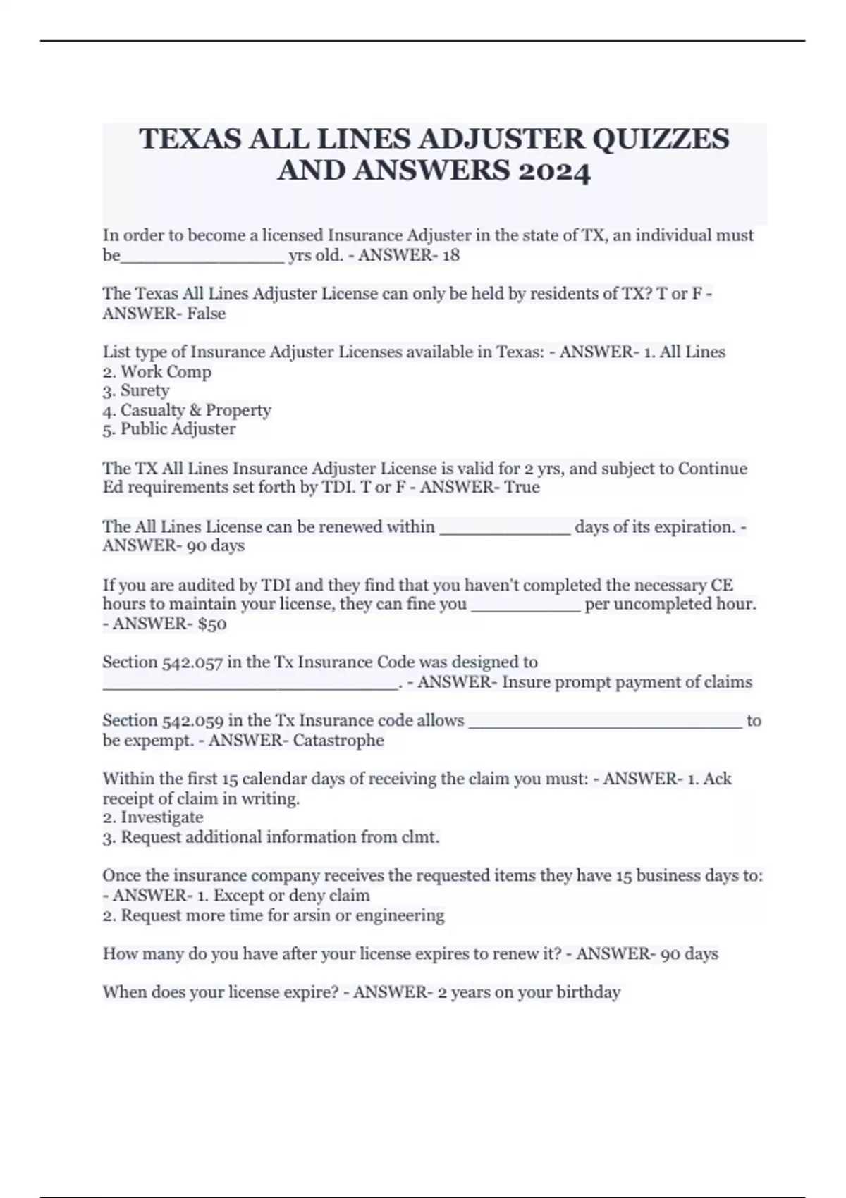 TEXAS ALL LINES ADJUSTER QUIZZES AND ANSWERS 2024 - Texas all lines ...