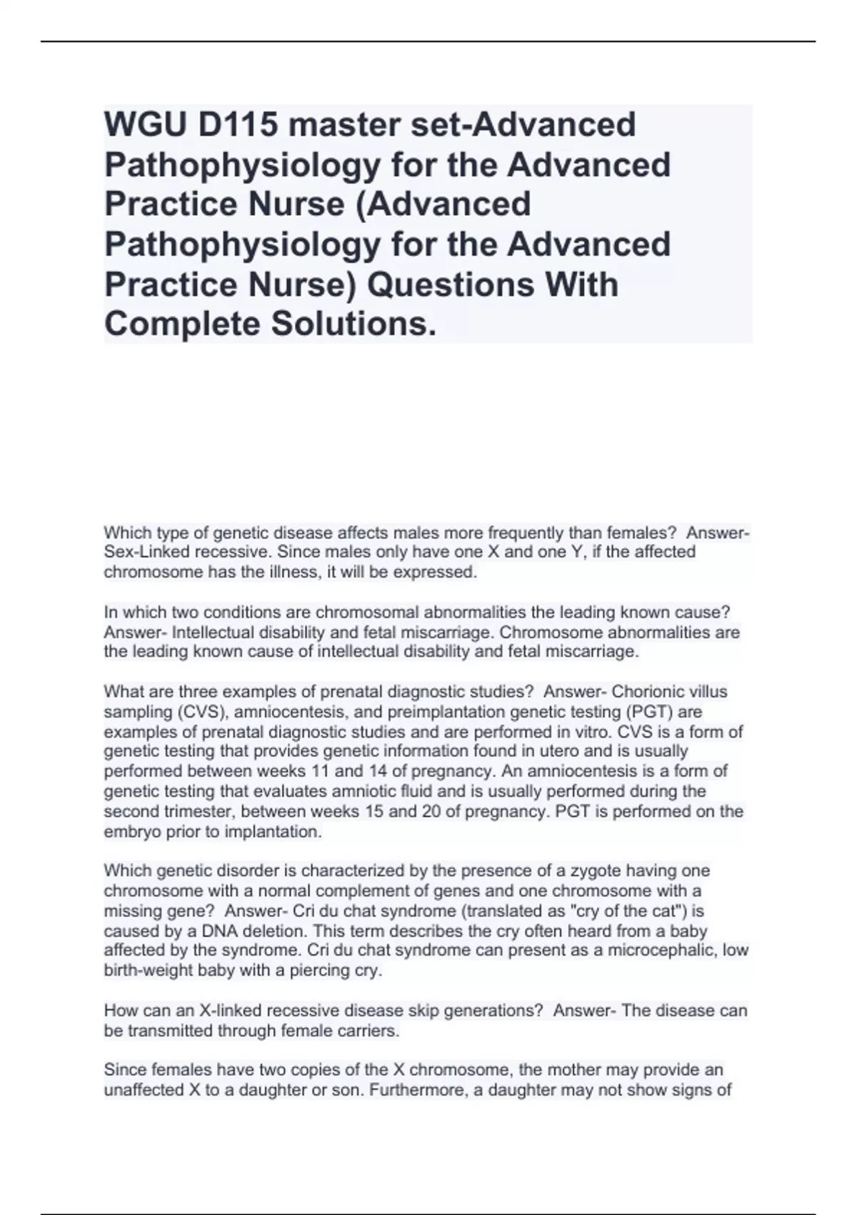 WGU D115 master set-Advanced Pathophysiology for the Advanced Practice Nurse (Advanced ...