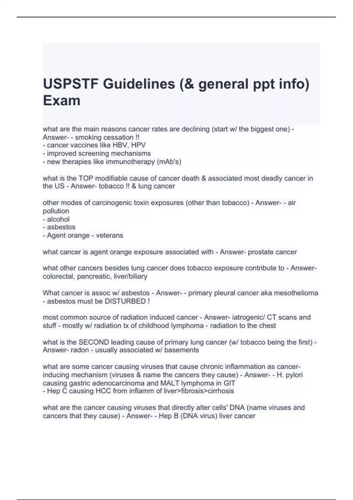 USPSTF Guidelines (& general ppt info) Exam Questions with correct ...
